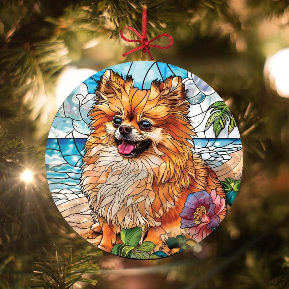 Zeny Decor Pomeranian Stained Glass Style Chris.Tmas Ornament 2D FLAT ...