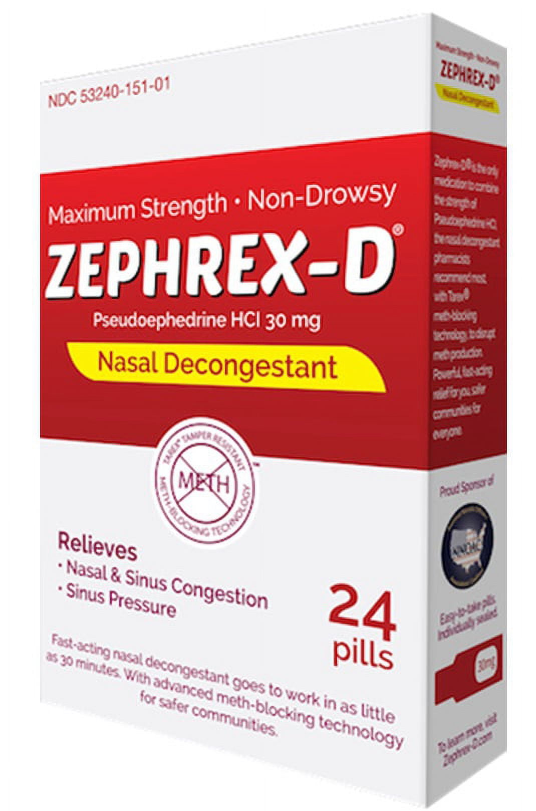 Zephrex-D Nasal Decongestant Pills, 30 mg, 24 Count HSA/FSA Eligible ...