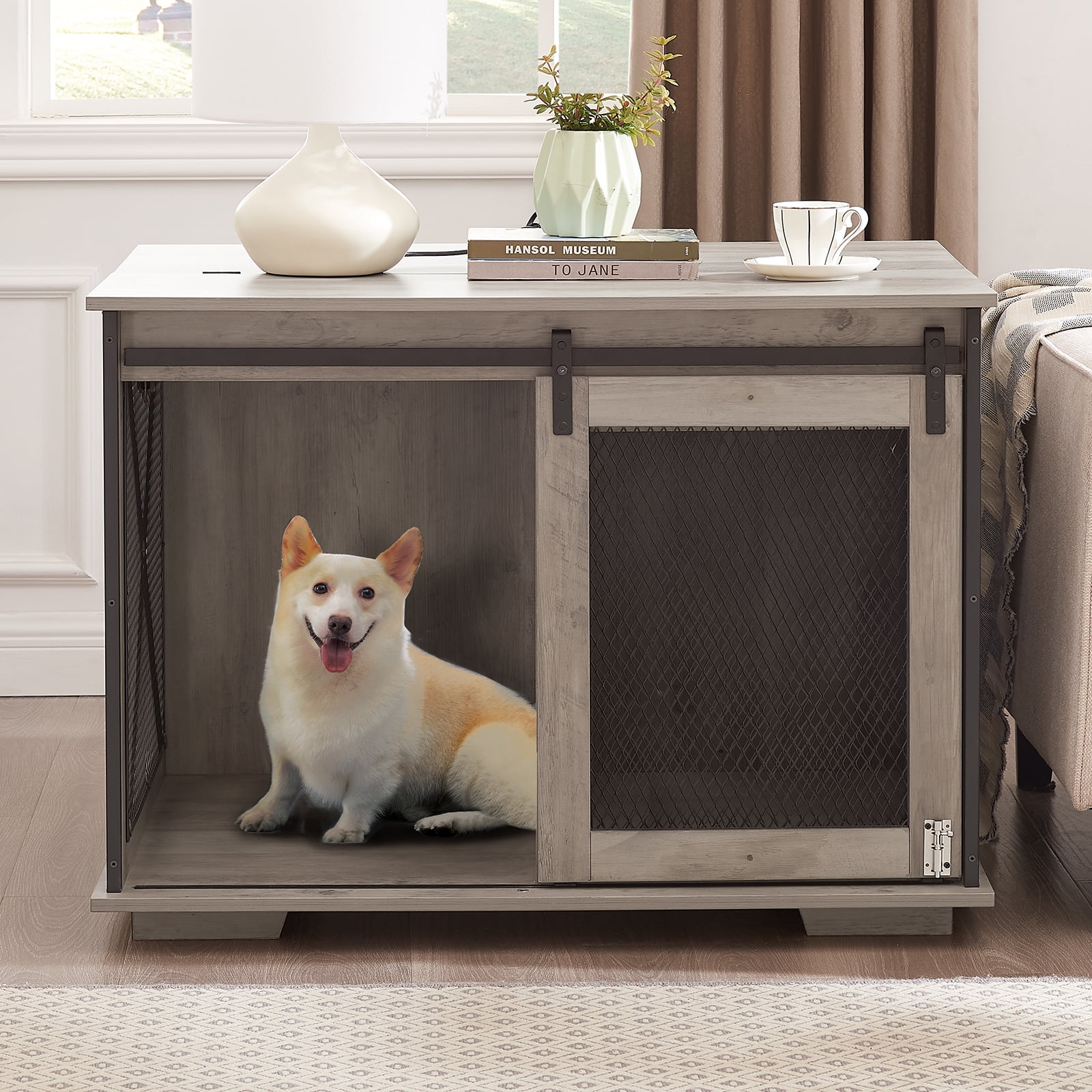 ZephyPaws 2-in-1 Farmhouse Dog Crate Furniture,Wooden Large Dog Kennel ...