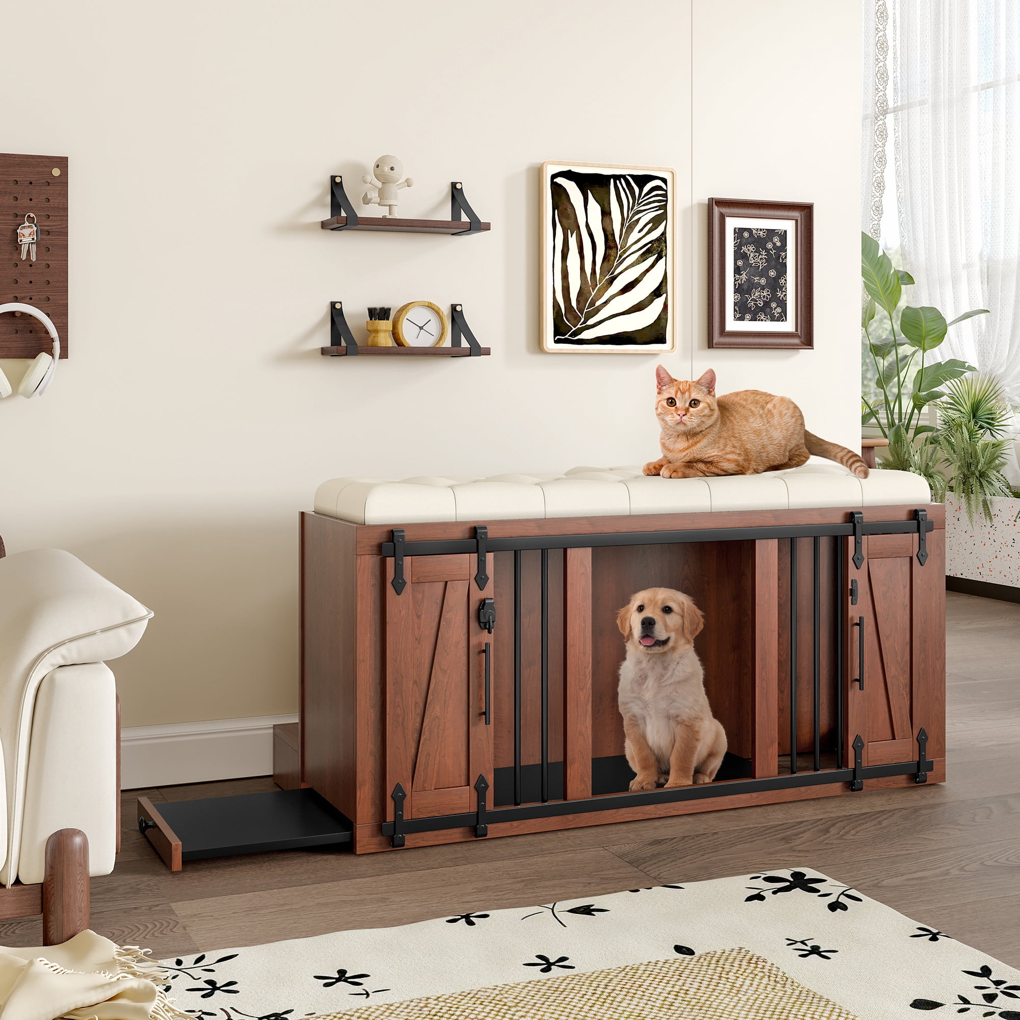 ZephyPaws 56"L Large Dog Crate with Seat, 2-in-1 Furniture Dog Kennel ...