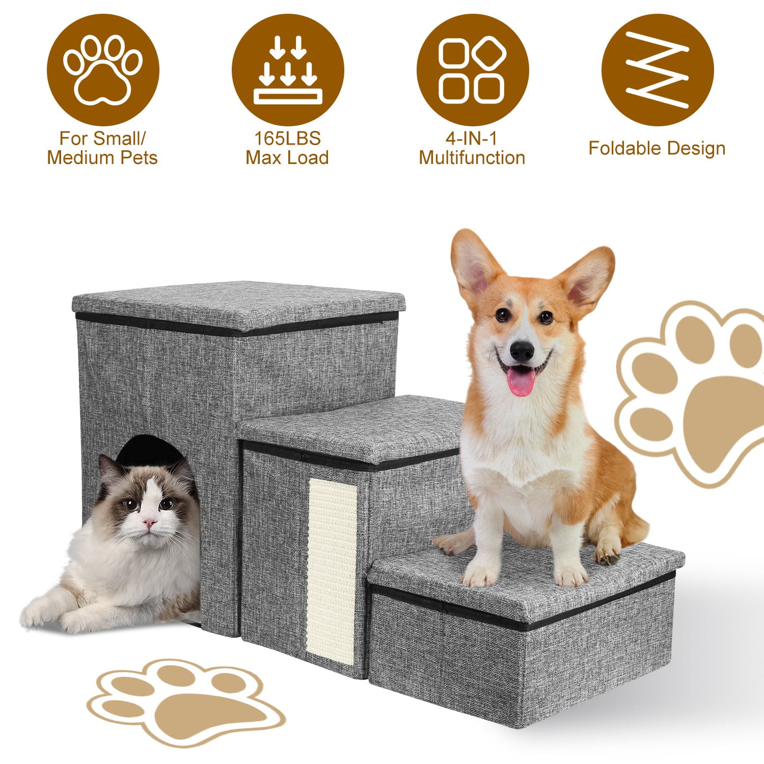 ZephyPaws Foldable Dog Stairs for Small Older Dogs Cats,4 in 1 ...
