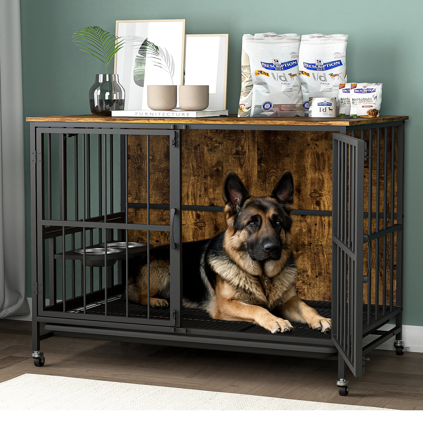 ZephyPaws Large Dog Kennel Indoor with 360° Adjustable Raised Dog Bowls ...