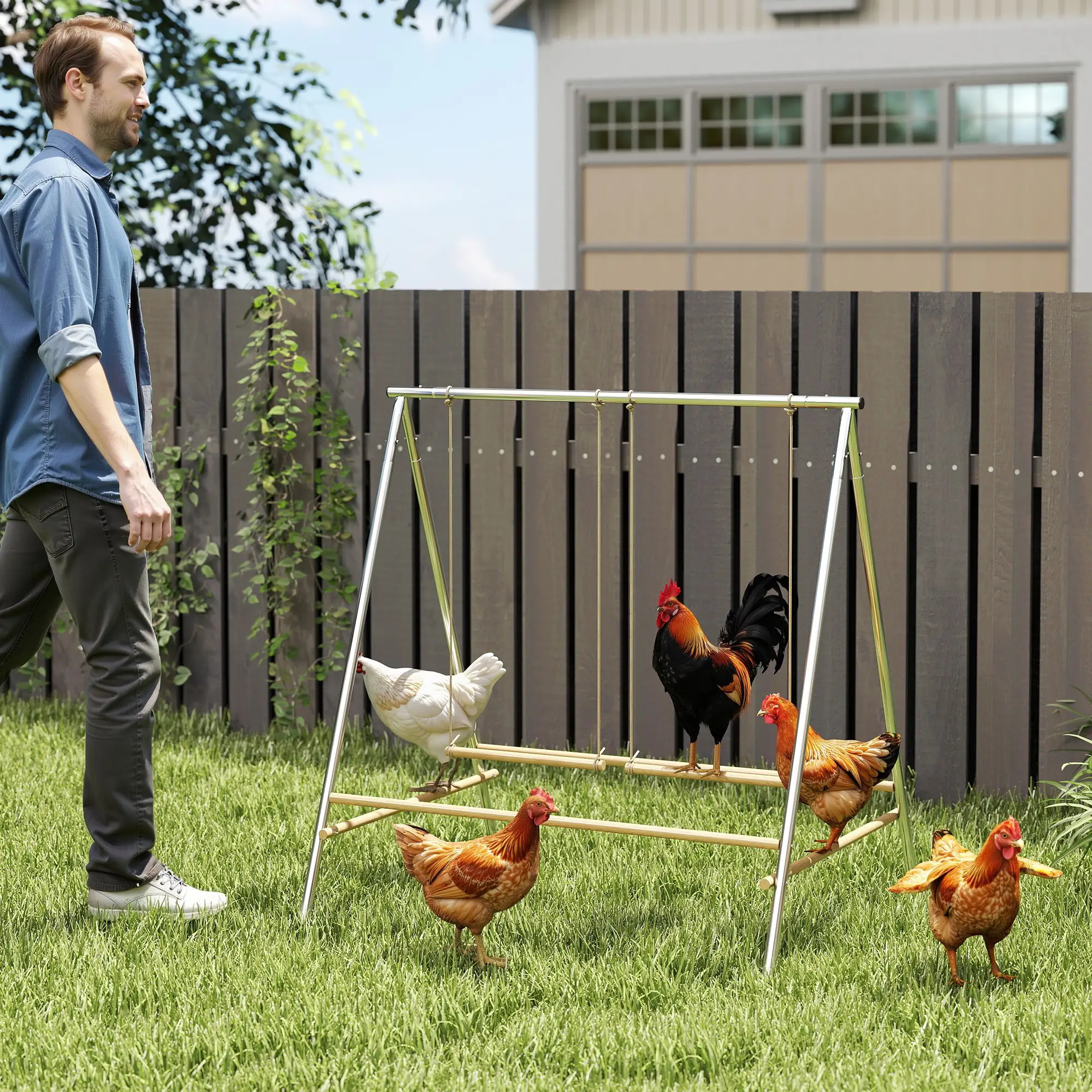 ZephyPaws Metal Wood Chicken Perch with 2 Swings & Ladder,Multi-Level ...