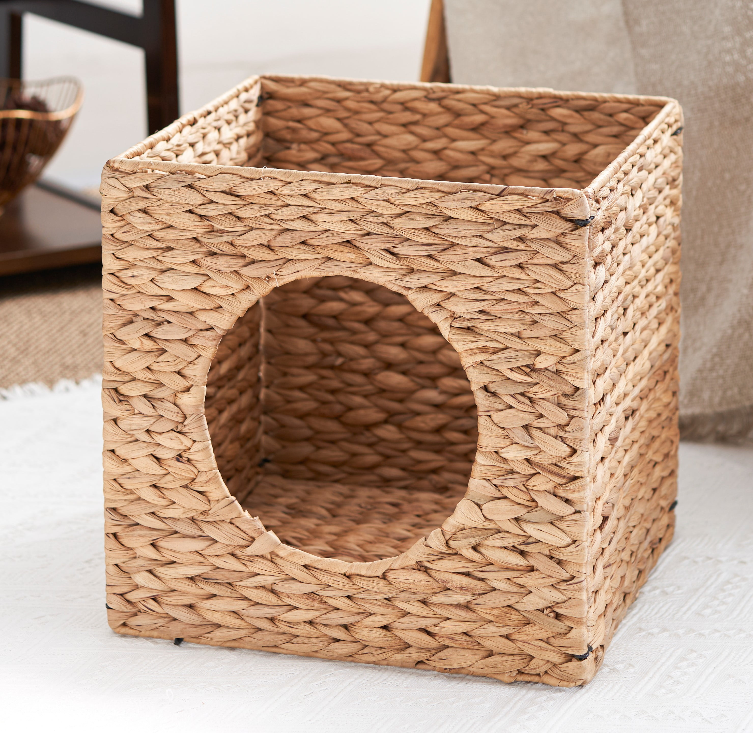 ZephyPaws Water Hyacinth Woven Wicker Square Cat Bed Cave - 13" x 13" x ...