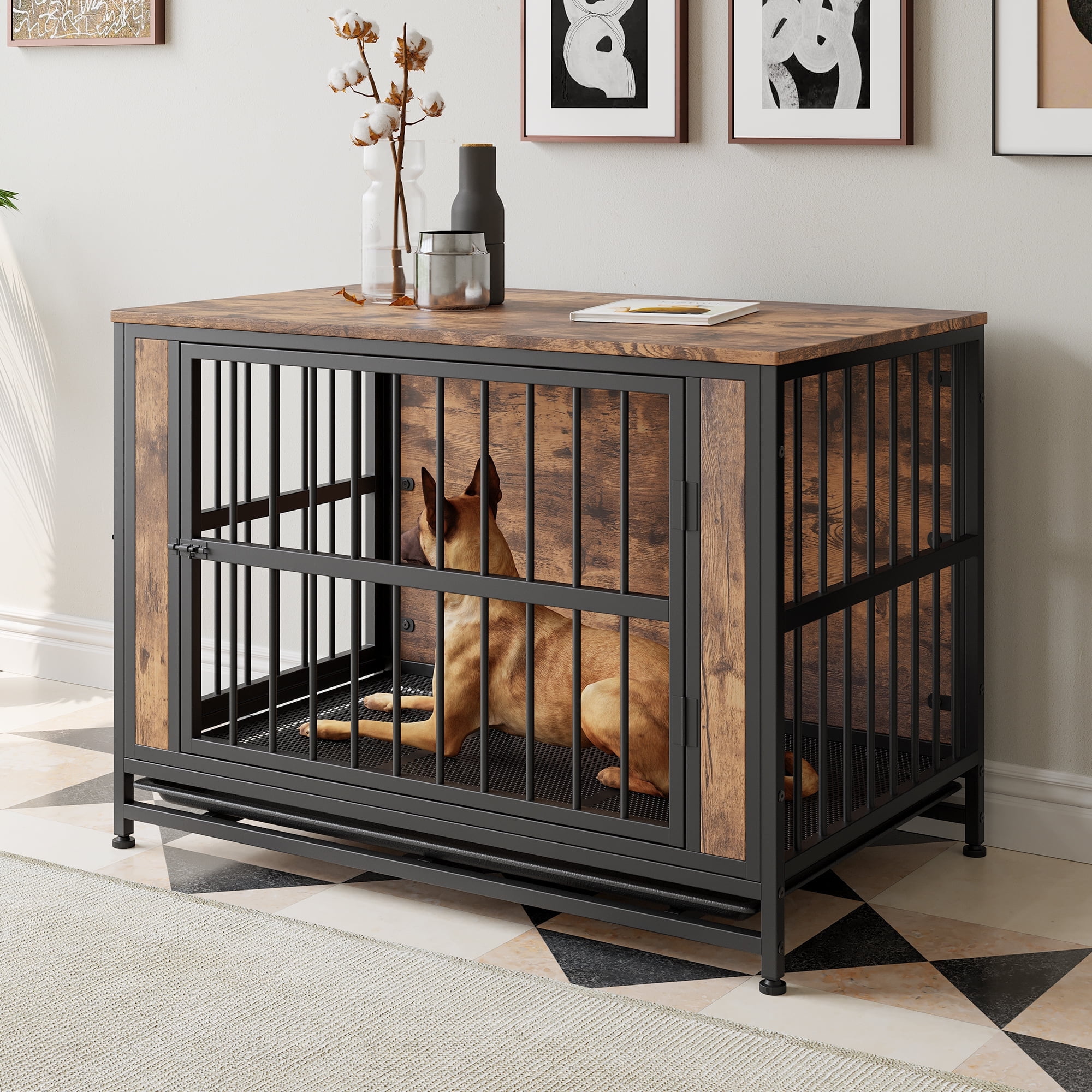 ZephyPaws Wooden Dog Crate Furniture with Double Door,Portable Dog ...