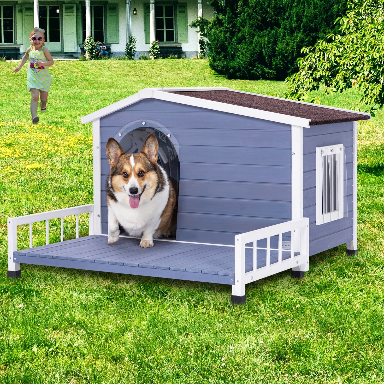 ZephyPaws Wooden Dog House with Patio,Movable Roof,Outdoor Dog Kennel ...