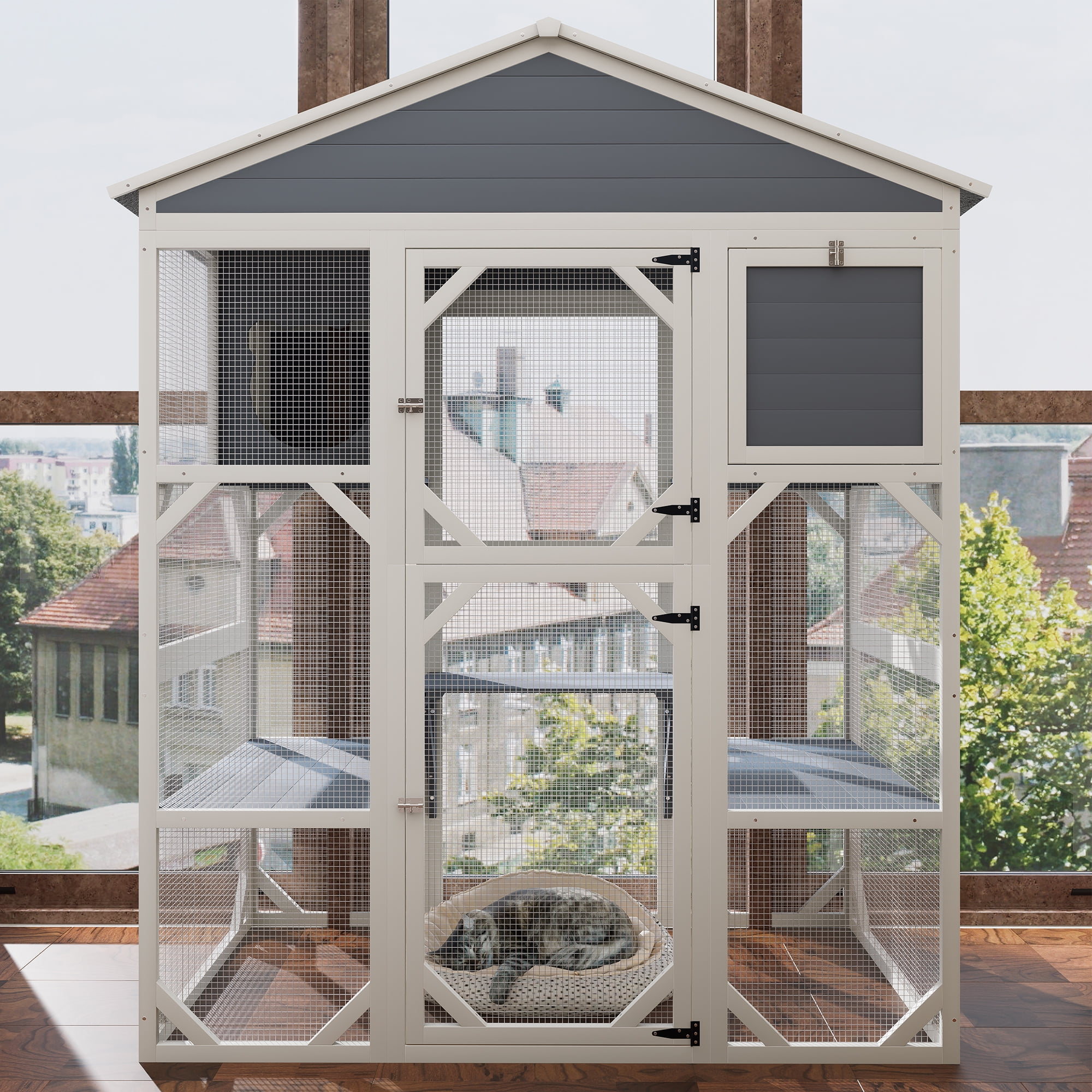 Zephypaws Outdoor Catio Enclosure for Cats, 74" Tall Wooden Cat House ...