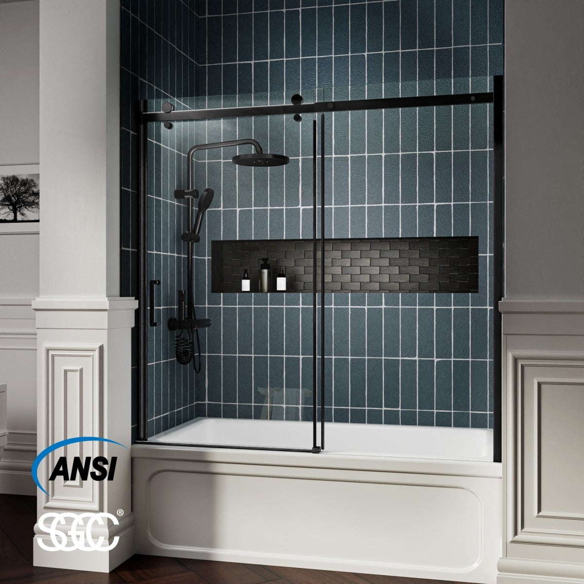 Zephyr 56-60" Matte Black Semi-Frameless Glass Barn Doors for Bathtub ...