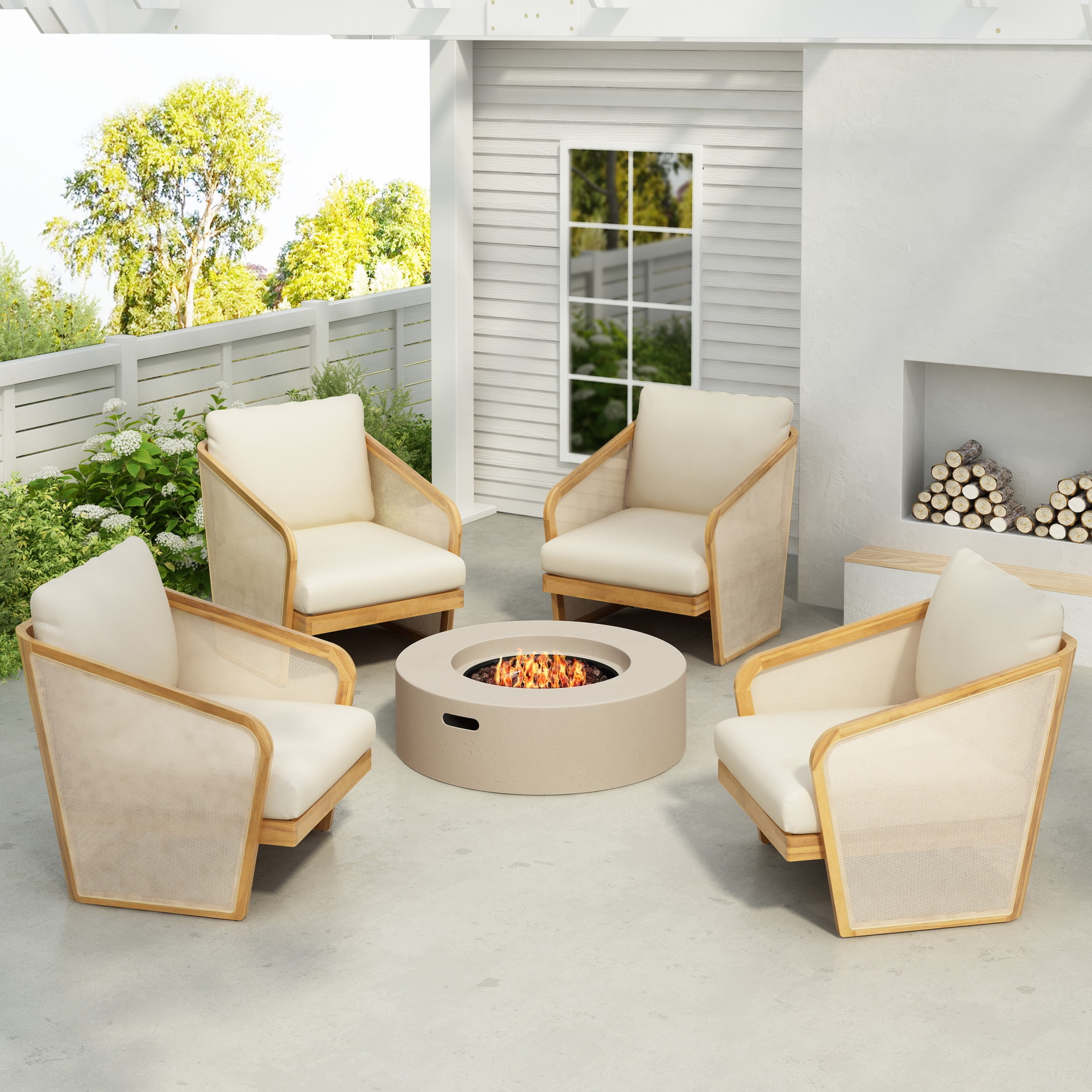 Zephyr Modern Outdoor Patio Mesh Lounge Chair with Cushions, Solid Wood ...