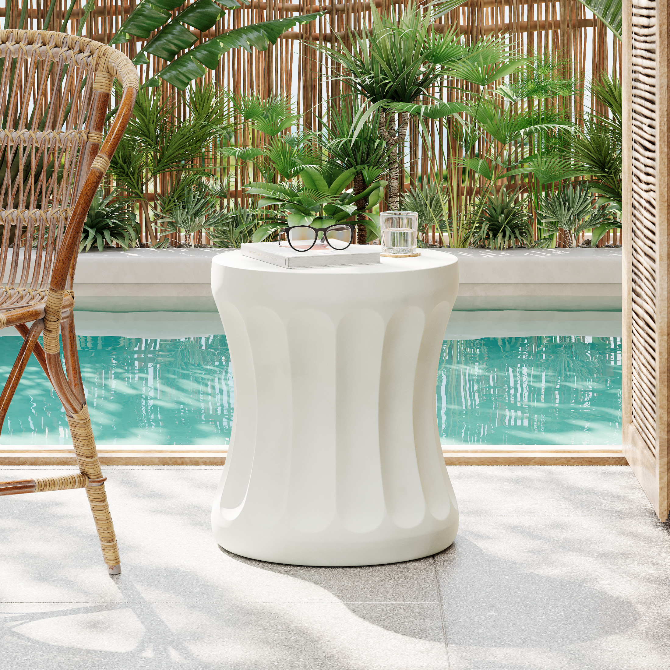 Zephyra Outdoor Patio Round Side Table, Concrete, MGO, Antique White ...