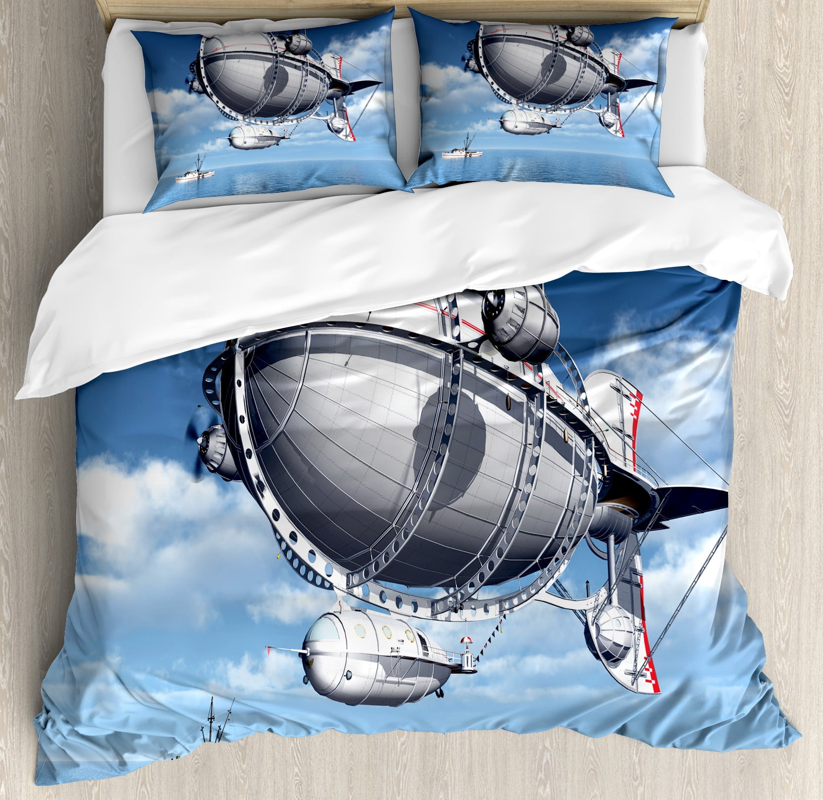Zeppelin Duvet Cover Set, Giant Aircraft over the Sea Flying in Cloudy ...