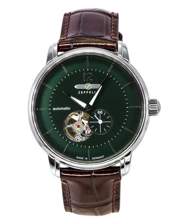 Zeppelin LZ 120 Bodensee Leather Strap Open Heart Green Dial Automatic ...