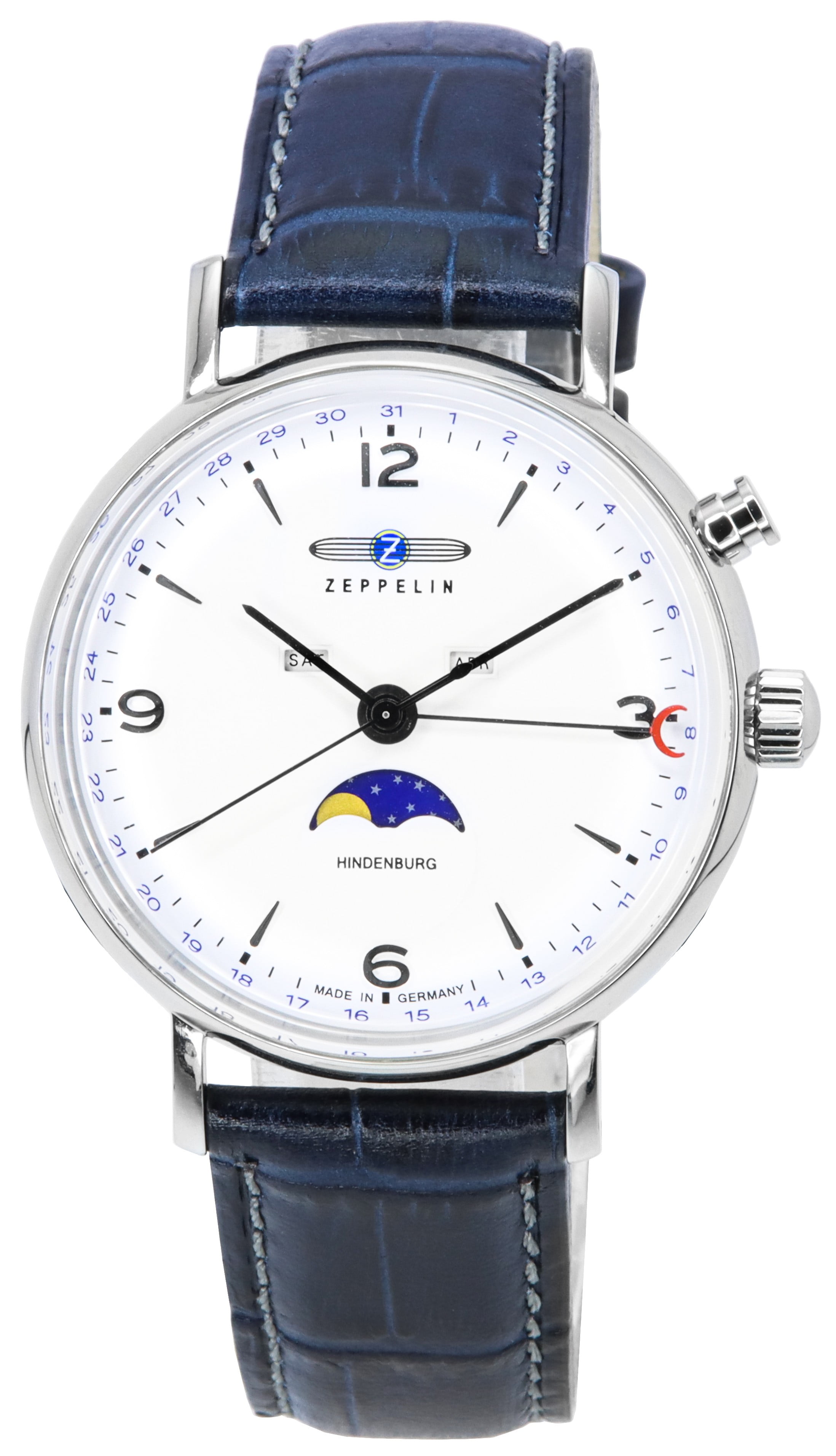 Zeppelin LZ 129 Hindenburg Leather Strap Moon Phase White Dial Quartz ...