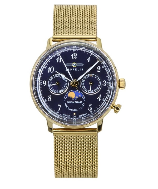 Zeppelin LZ 129 Hindenburg Moon Phase Gold Tone Stainless Steel Blue ...