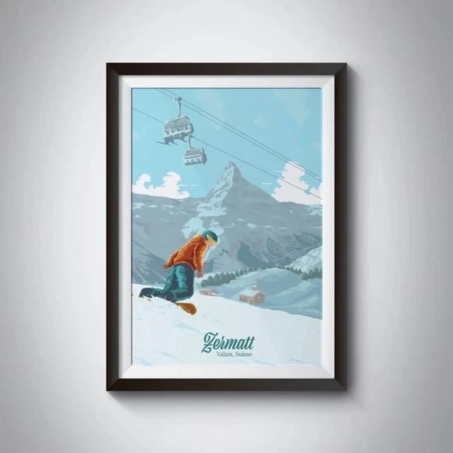 Zermatt Snowboarding Poster, Matterhorn Mountain Art, Switzerland NO ...