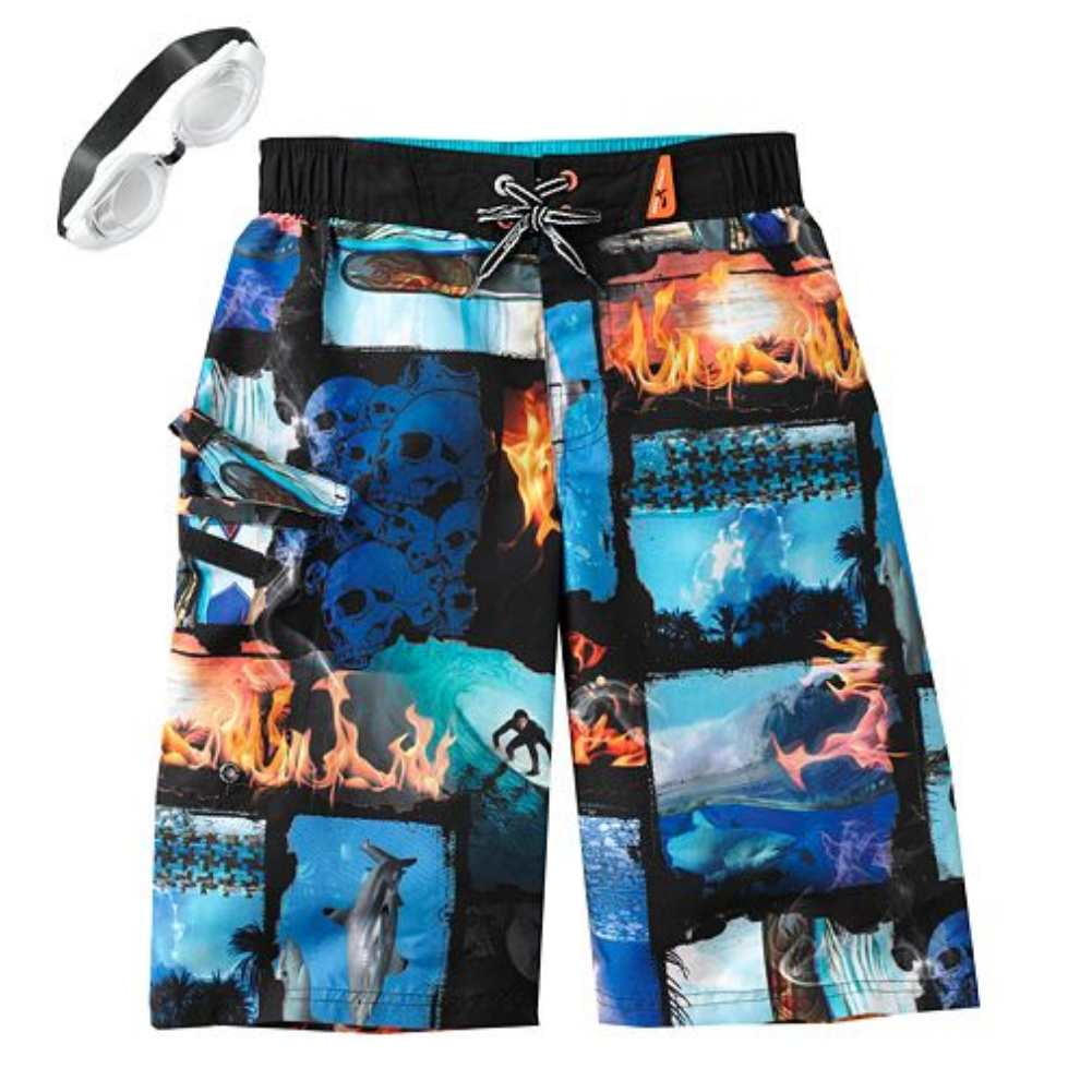 Zero Xposur Boys Surfs Up Board Shorts Graphic Swim Trunks & Goggles ...