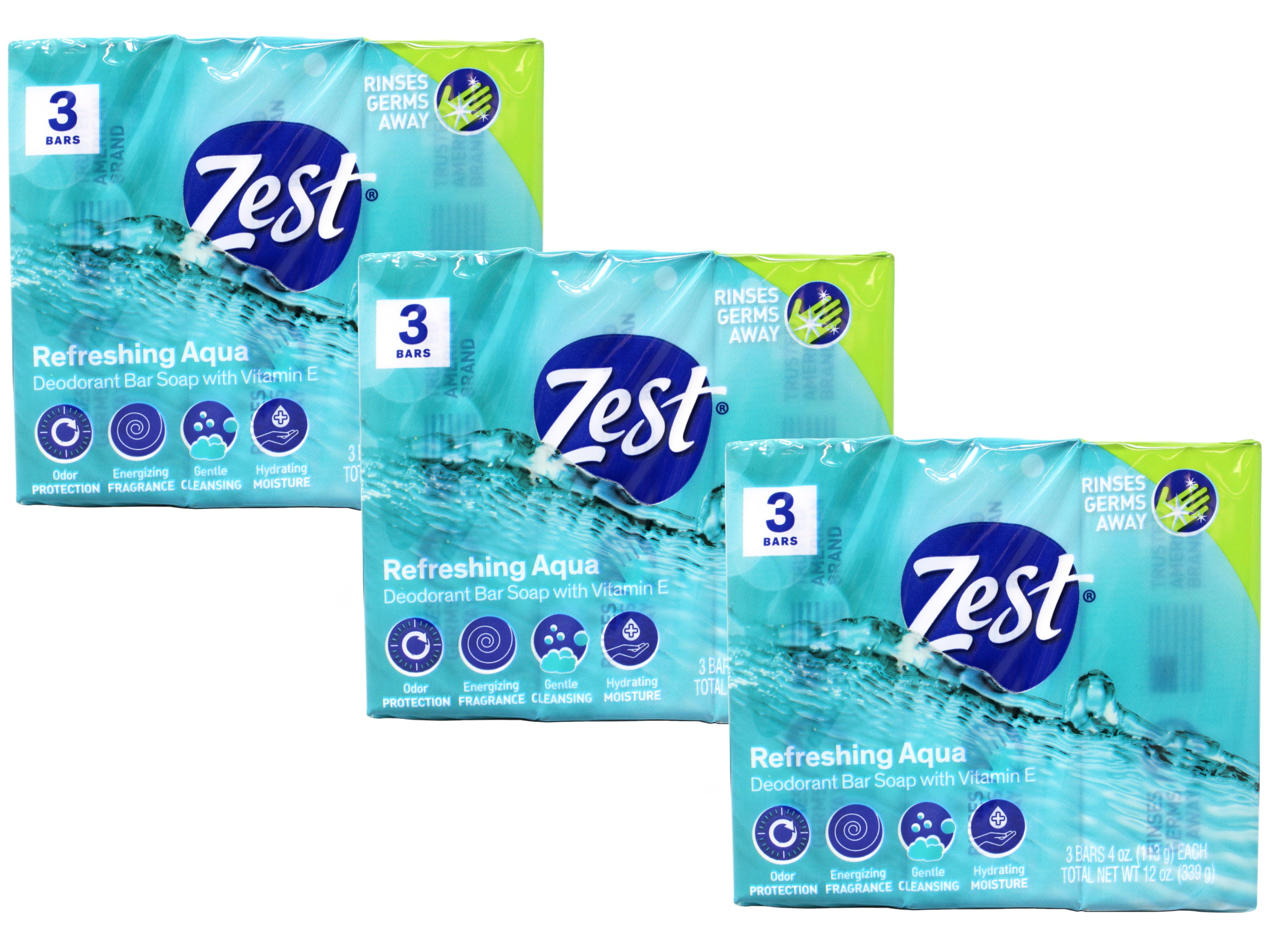 Zest Refreshing Aqua Bars Deodorant Bar Soap with Vitamin E, 3 Bars 4 OZ (113g) Each - 3 Pack ...