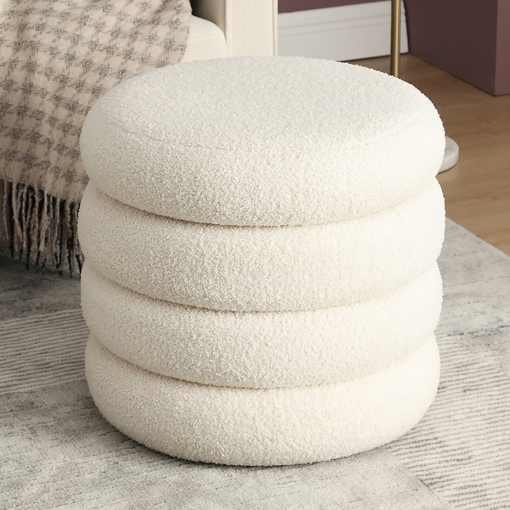Zesthouse 20.1" Wide Round Boucle Storage Ottoman, Tufted Sherpa ...
