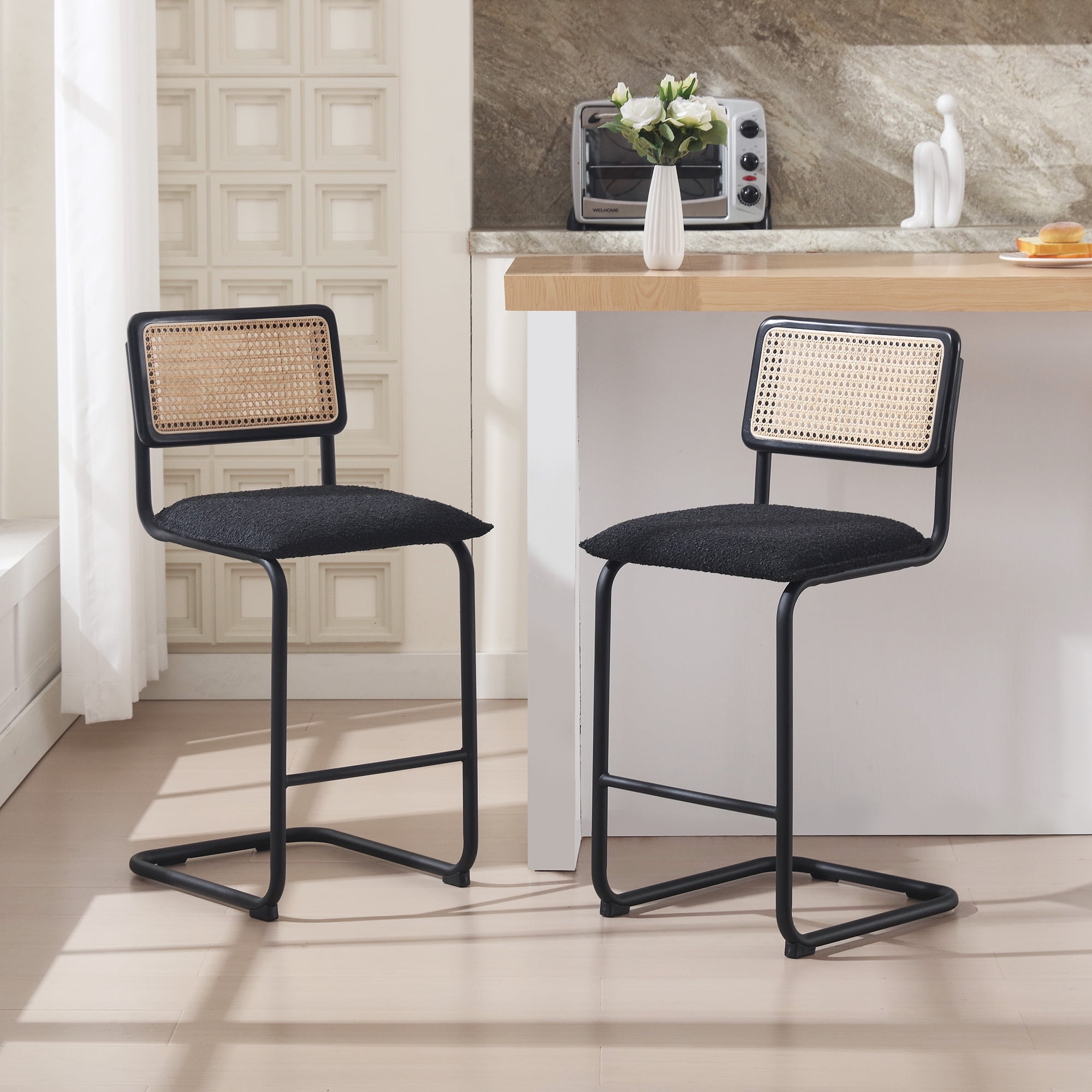"Zesthouse 25.4"" Rattan Counter Stools Set of 2, Boucle Fabric, Black ...