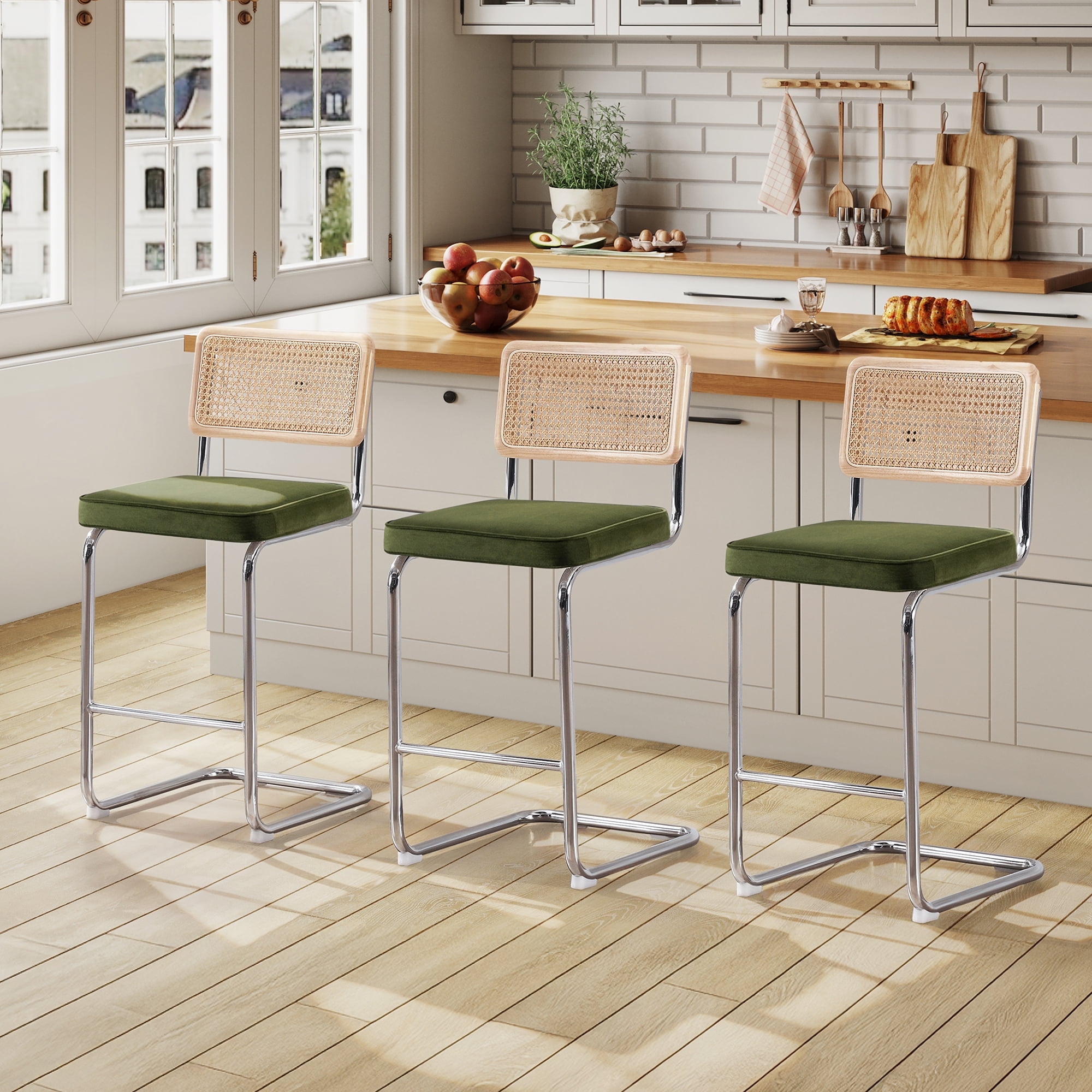 Zesthouse 25.6″ Natural Rattan Counter Stools Set of 3, Mid Century ...