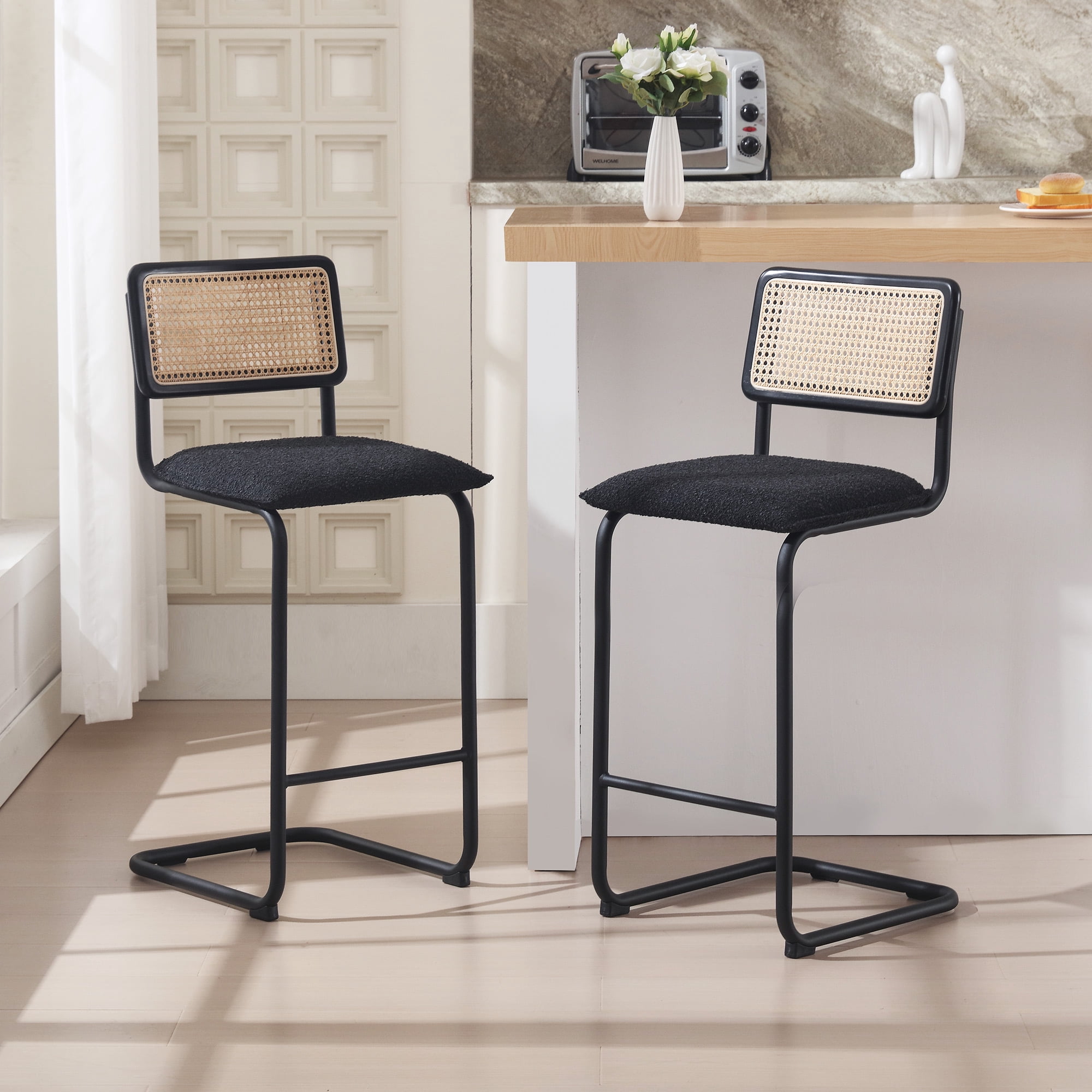 Zesthouse 29.3'' Rattan Bar Stools Set of 2, Boucle Fabric, Cane Back ...