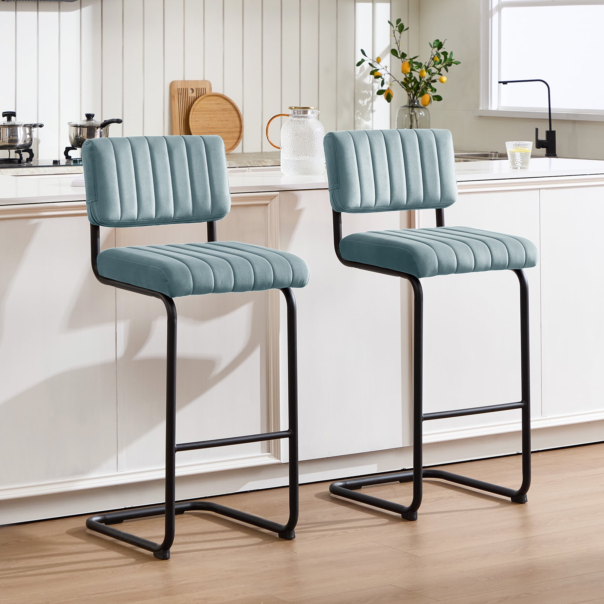 "Zesthouse 30"" Velvet Tufted Bar Stools Set of 2, Black Metal Legs ...