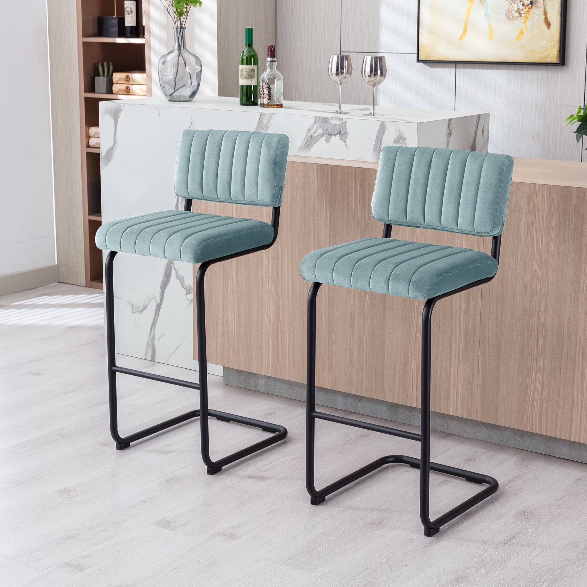 "Zesthouse 30"" Velvet Tufted Bar Stools Set of 2, Black Metal Legs ...