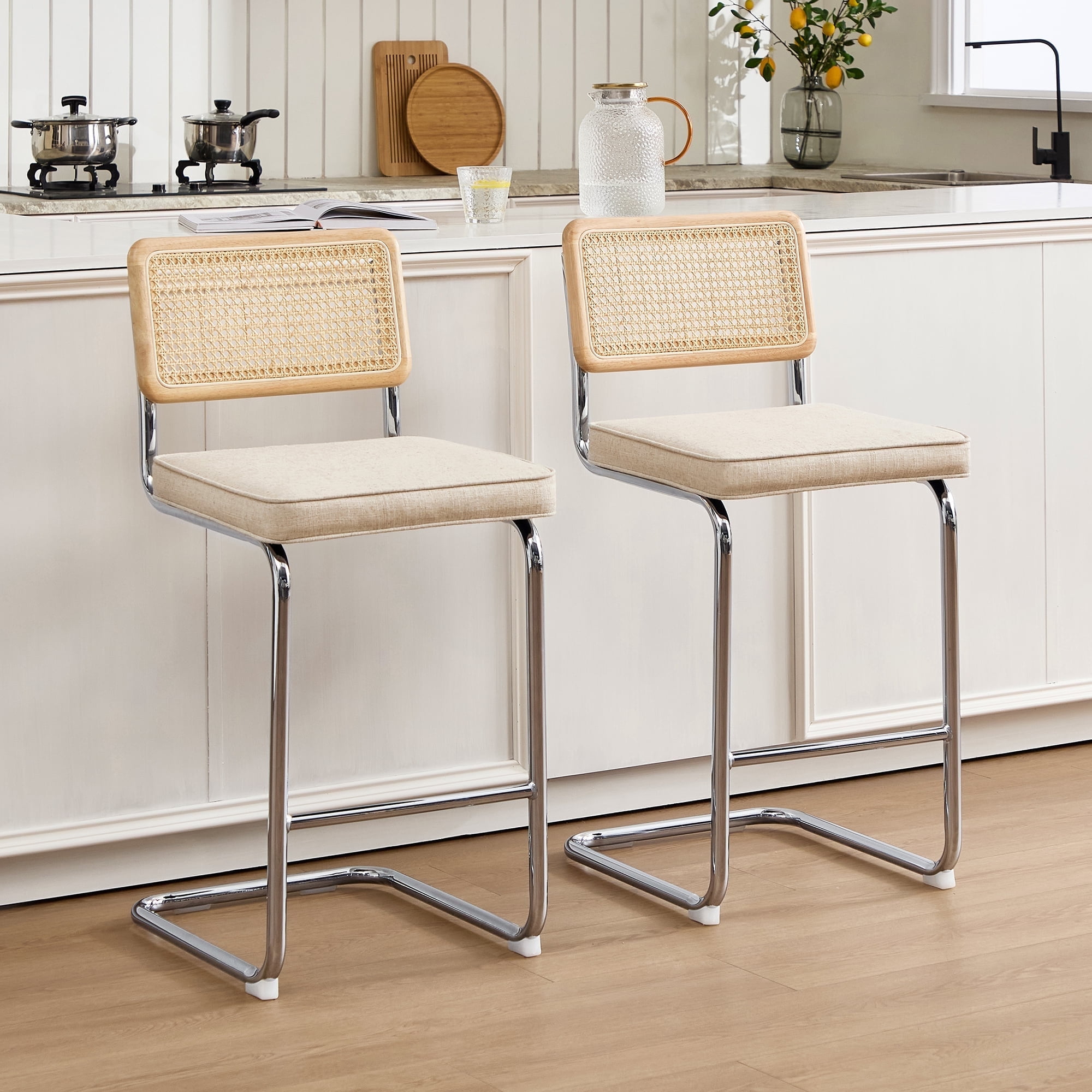 Zesthouse Rattan Bar Stools Set of 2, 25.6″ Linen Counter Height Chairs ...