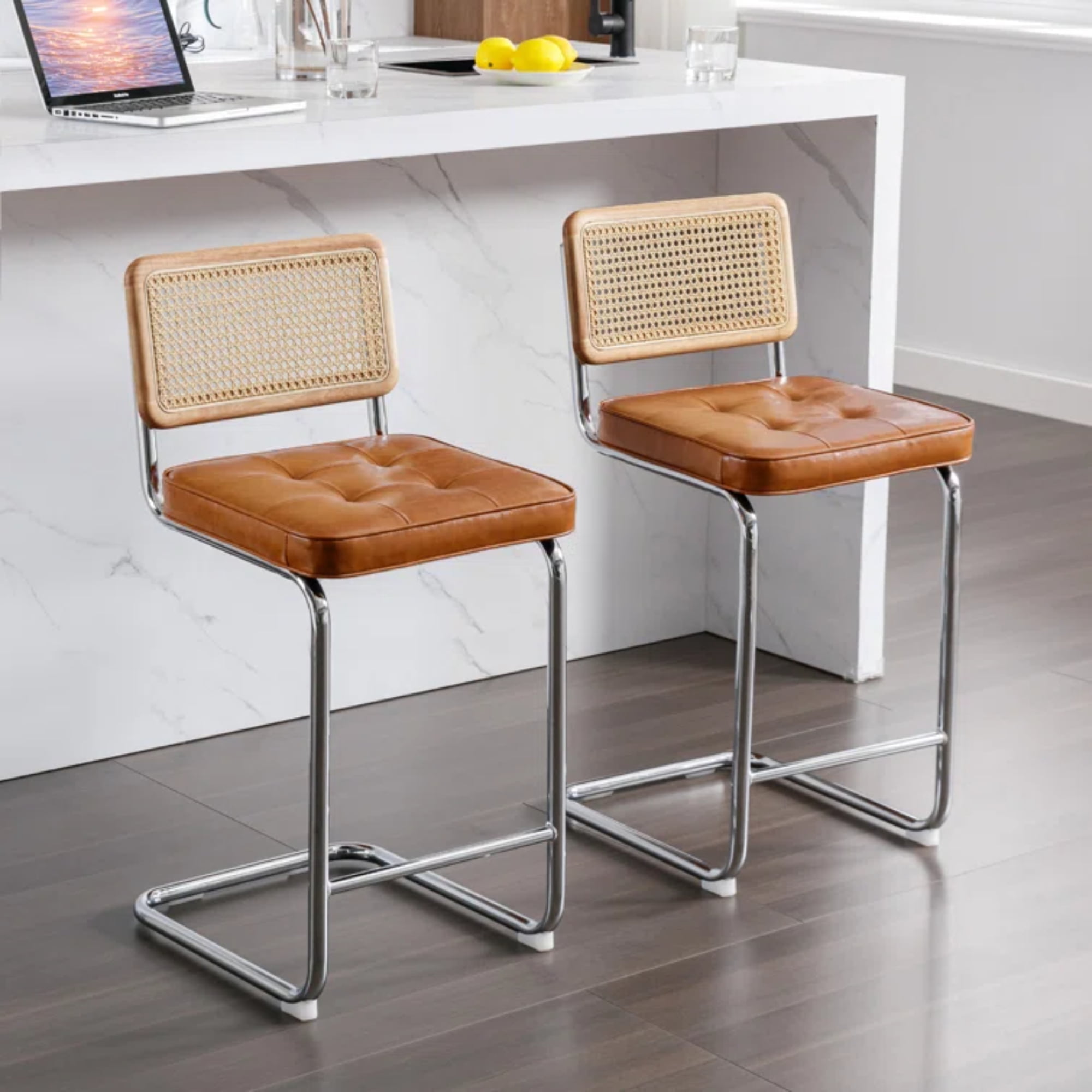 Zesthouse Rattan Counter Height Bar Stools Set of 2, 25.6″ Faux Leather ...