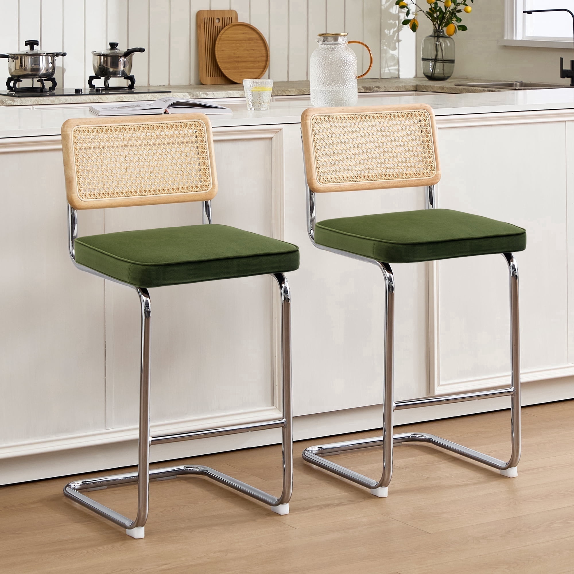 Zesthouse Rattan Bar Stools Set of 2, 25.6" Velvet Counter Chairs with ...