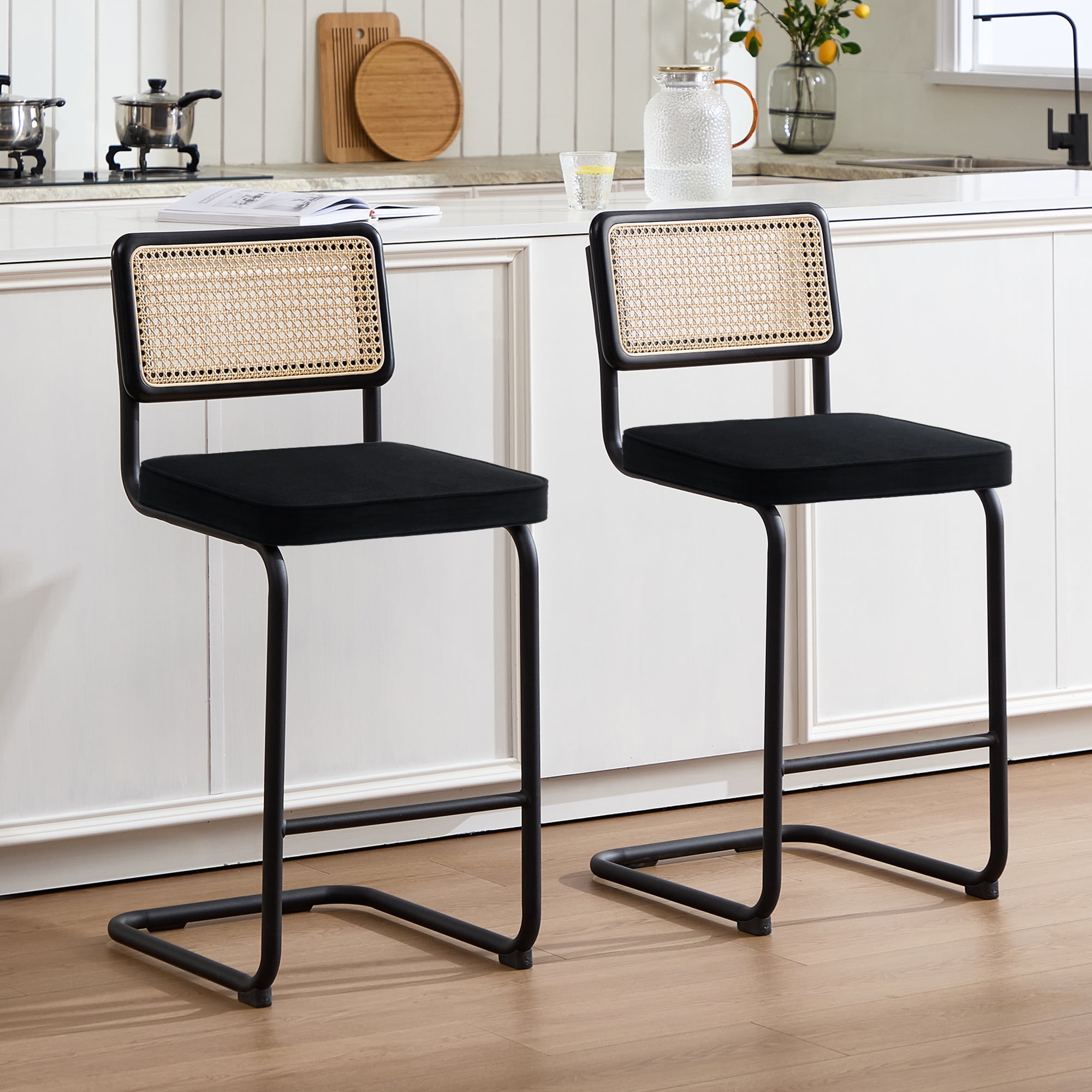 Zesthouse Rattan Bar Stools Set of 2, 25.6″ Velvet Counter Height ...