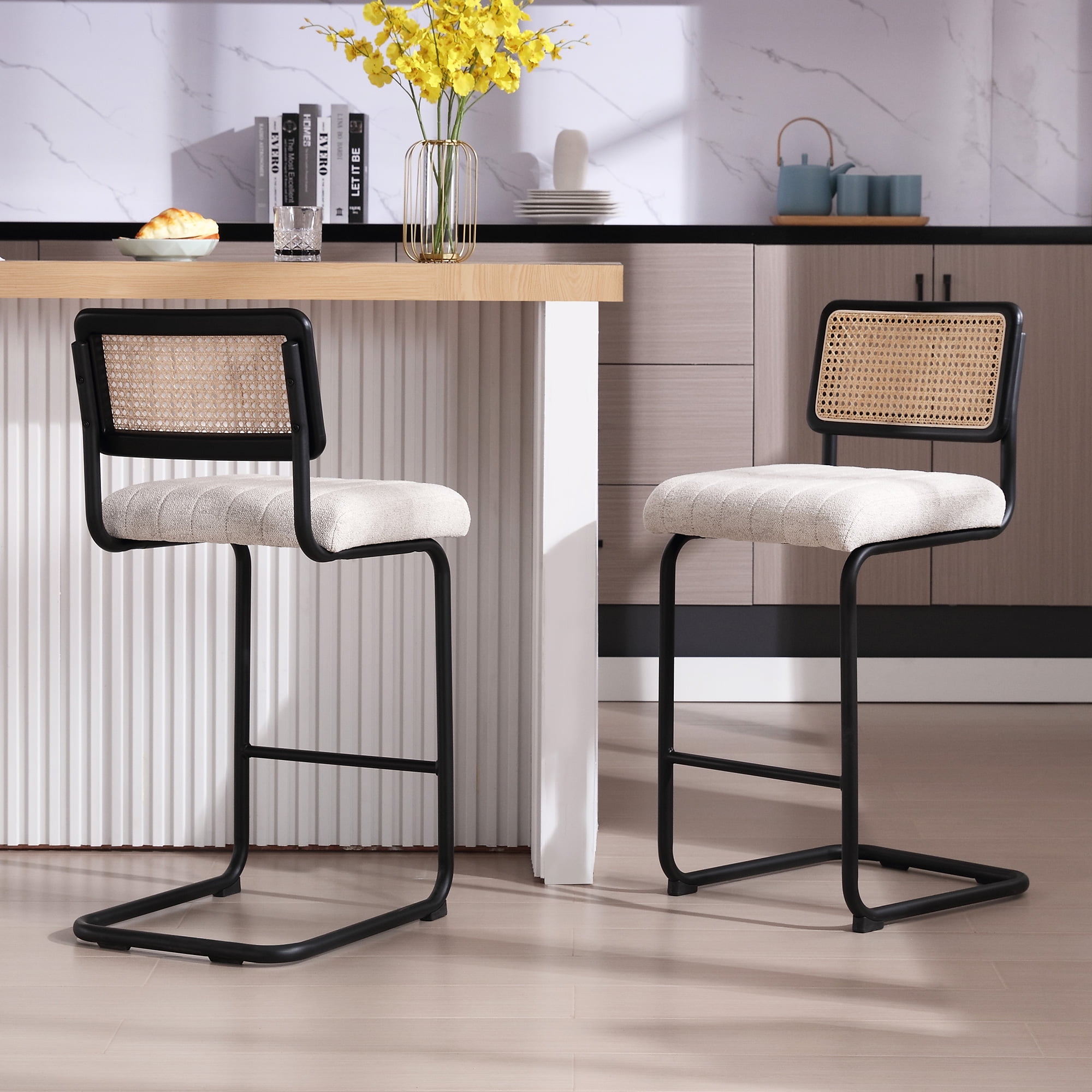 Zesthouse Rattan Counter Height Bar Stools Set of 2, 26.3″ Linen Tufted ...