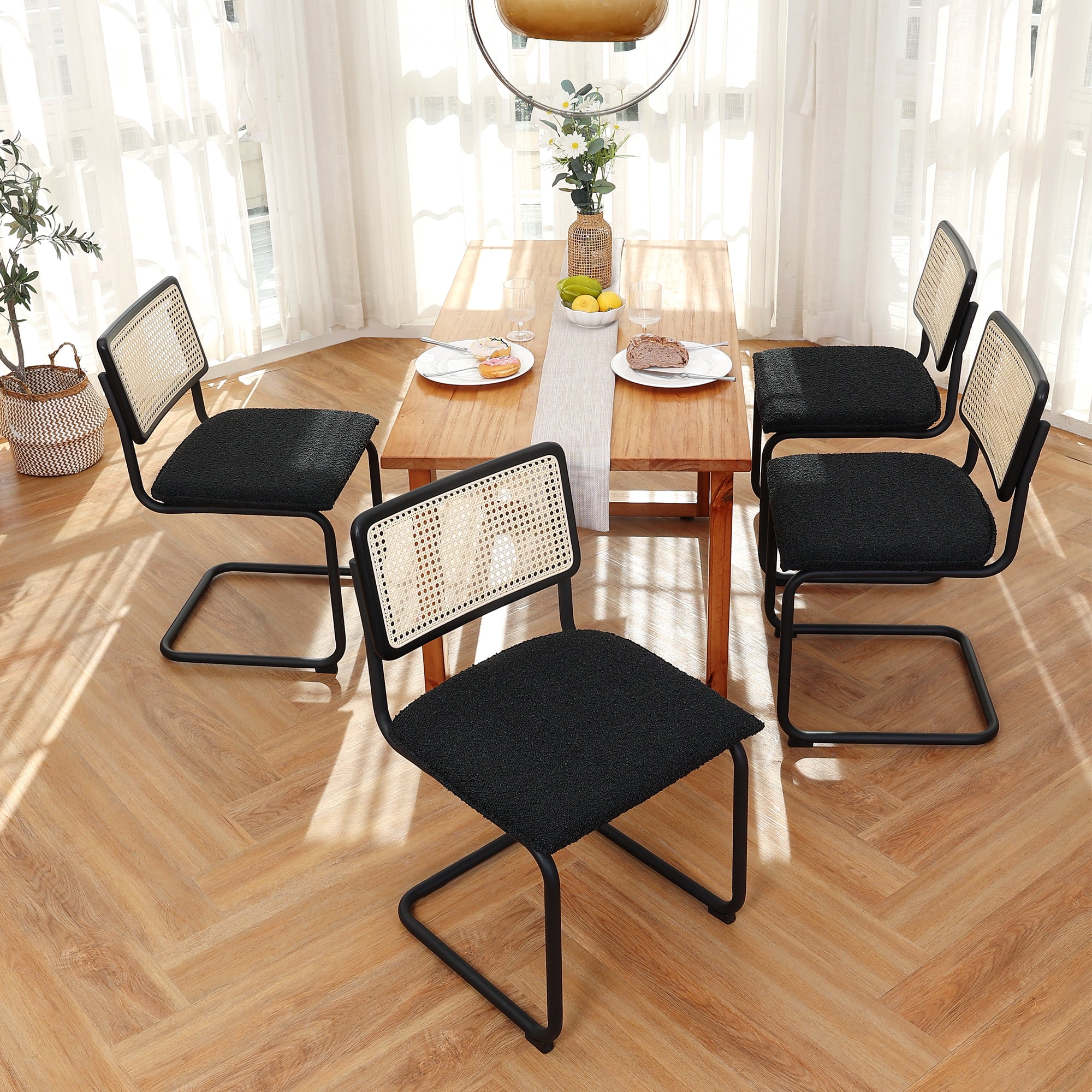 Zesthouse Set of 4 Rattan Dining Chairs Black Boucle Upholstered Black Metal Legs Walmart