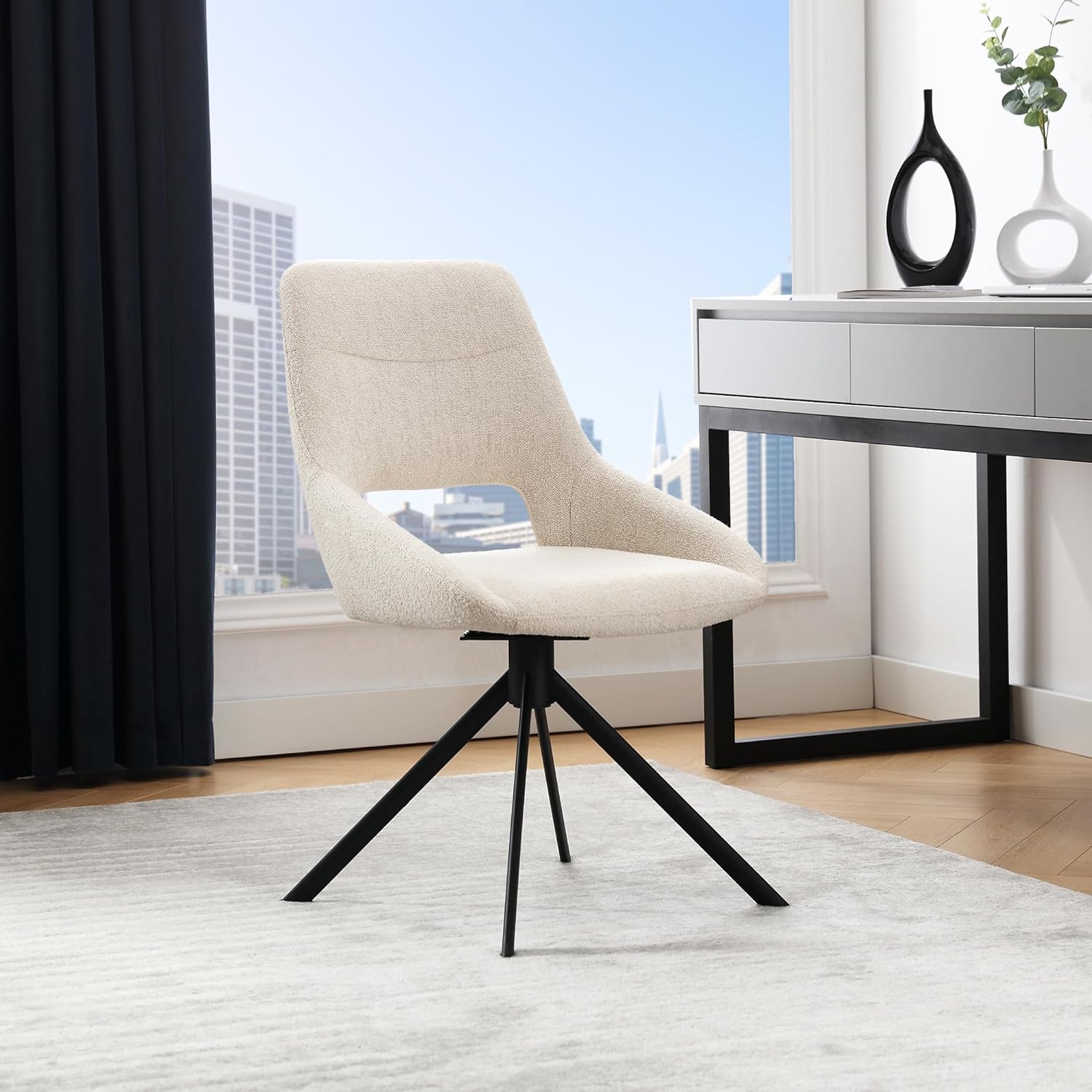 Zesthouse Swivel Desk Chair No Wheels, Modern Linen Fabric Vanity Chair ...