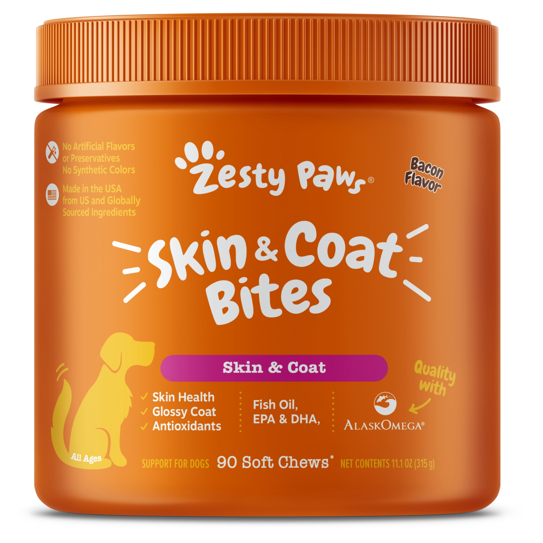Zesty Paws, Skin & Coat Bites Dog Supplement, 90 Count, Bacon Flavor ...