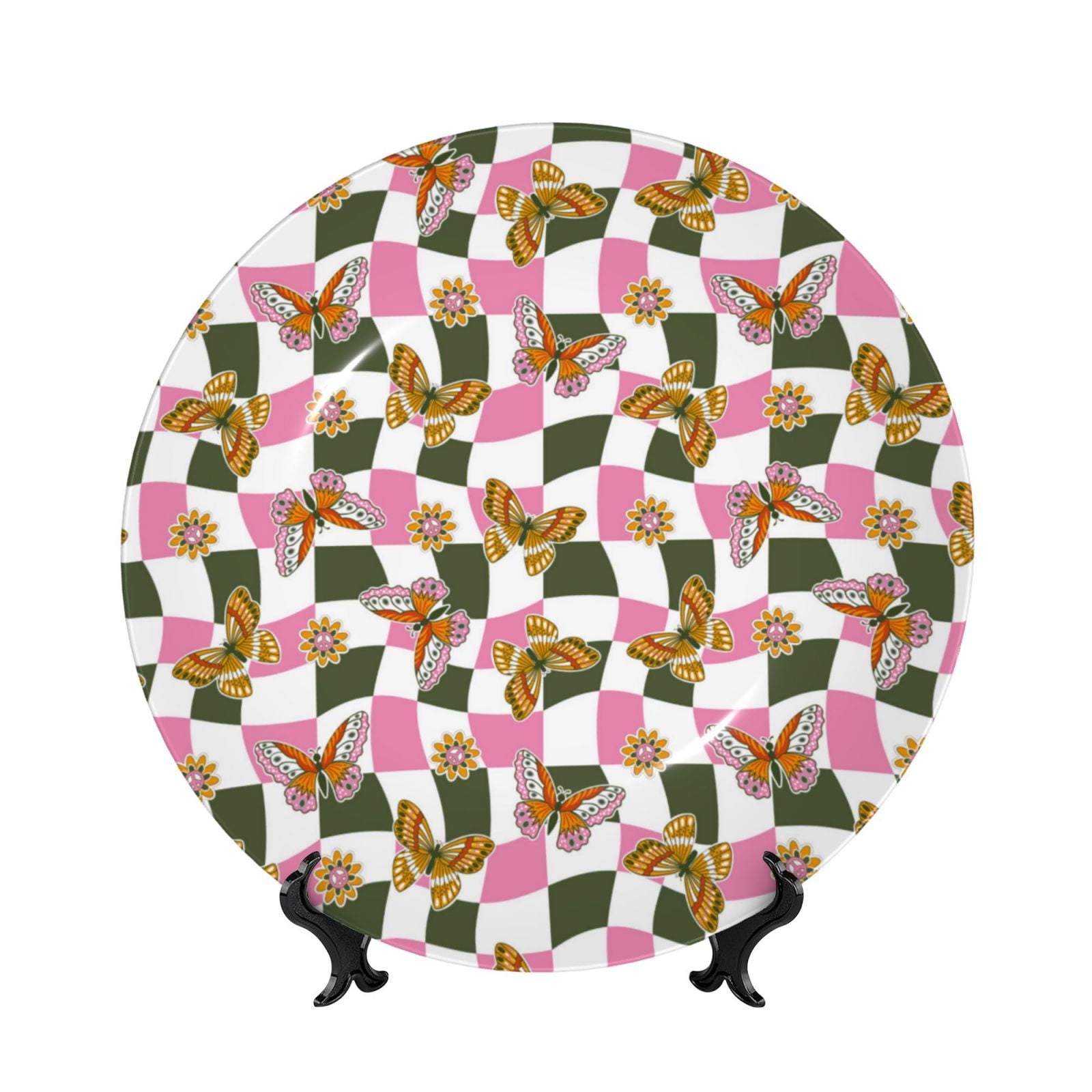 Zeuib Abstract Pink Plaid Butterfly Print Decorative Plate for Display ...