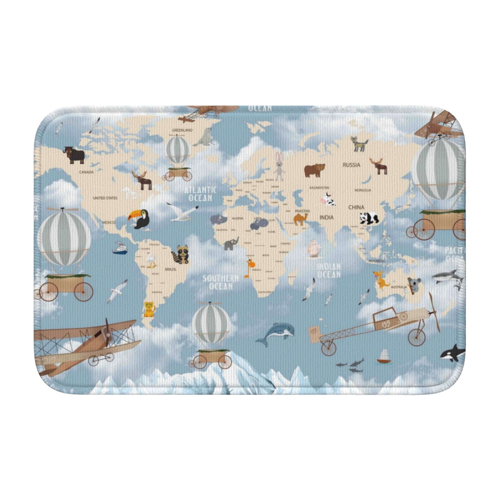 Zeuib Animals Travel World Map Anti-Slip Polyester Floor Mat - Durable ...