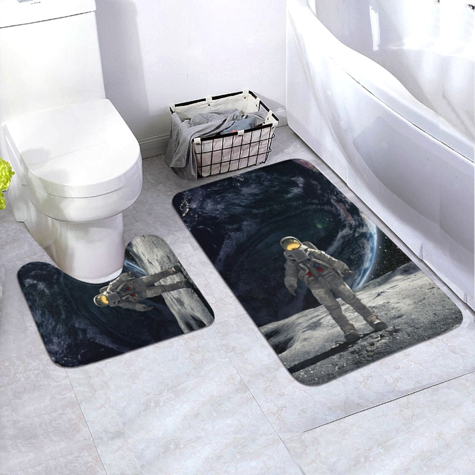 Zeuib Astronaut Standing In The Moon Water/Dust Absorbent bath rug set ...