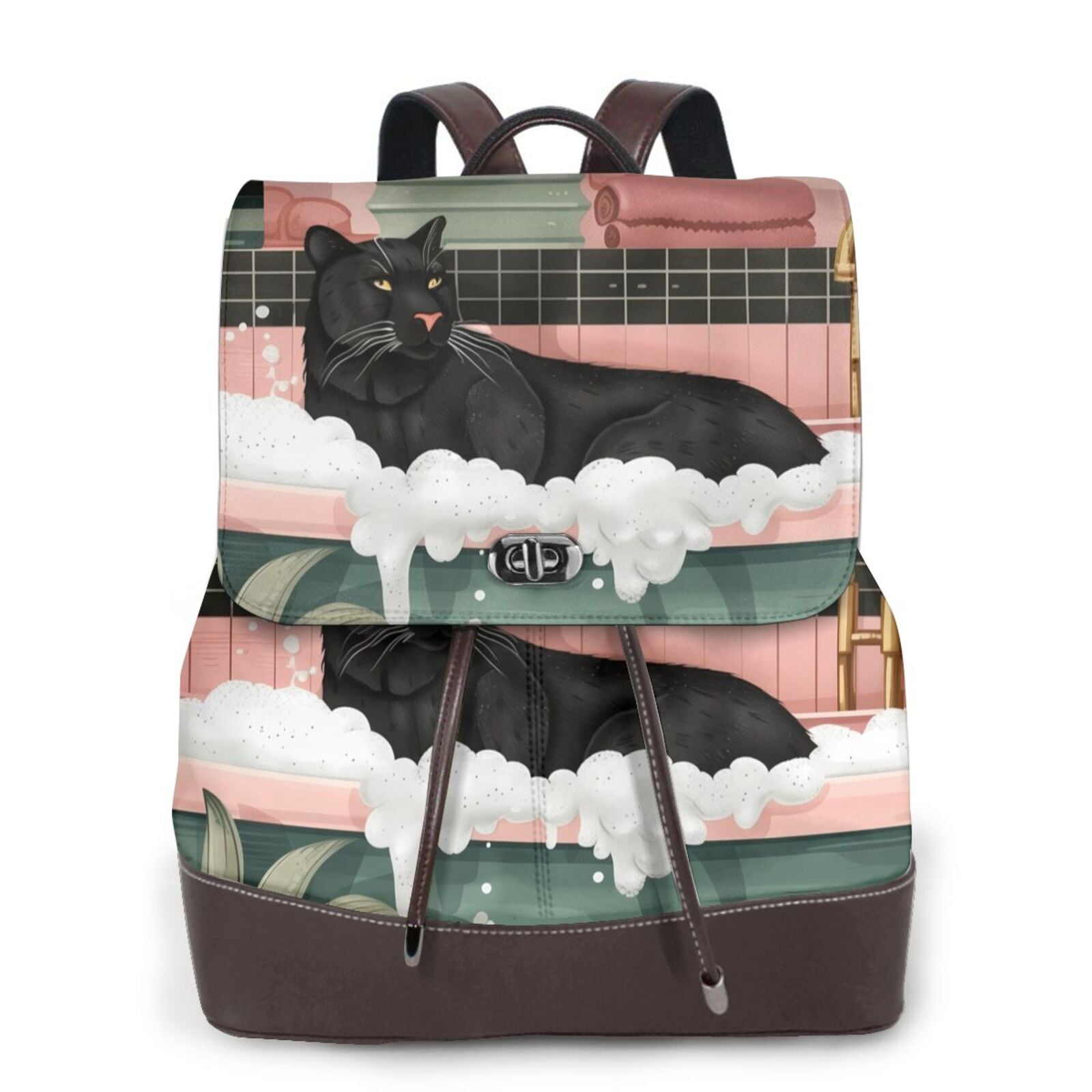 Zeuib Black Cat Pink Bathroom Print Leather Backpack for Women,Leather ...