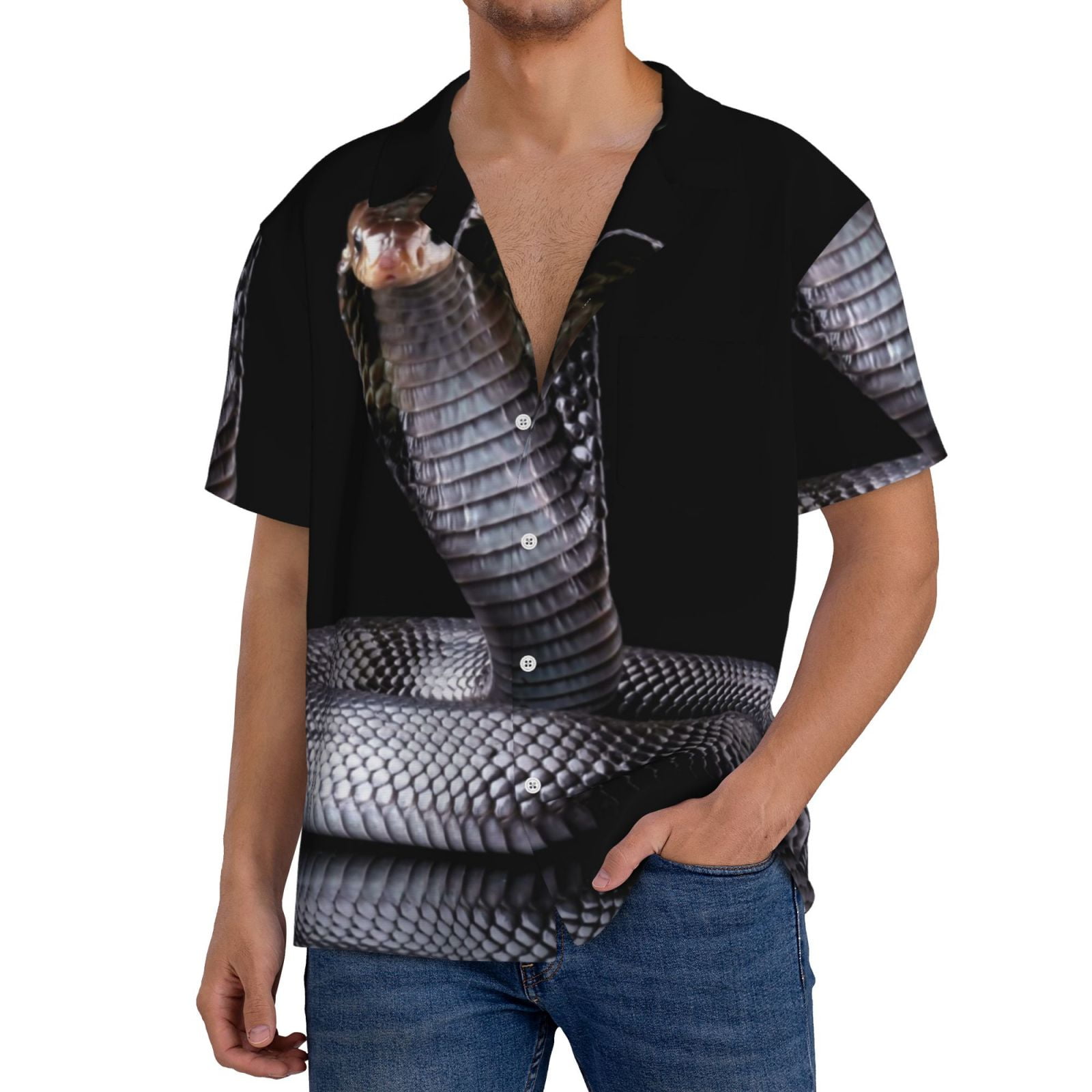 Zeuib Black Cobra Snake Men's Short Sleeve Button-Down Shirt,Cuban ...