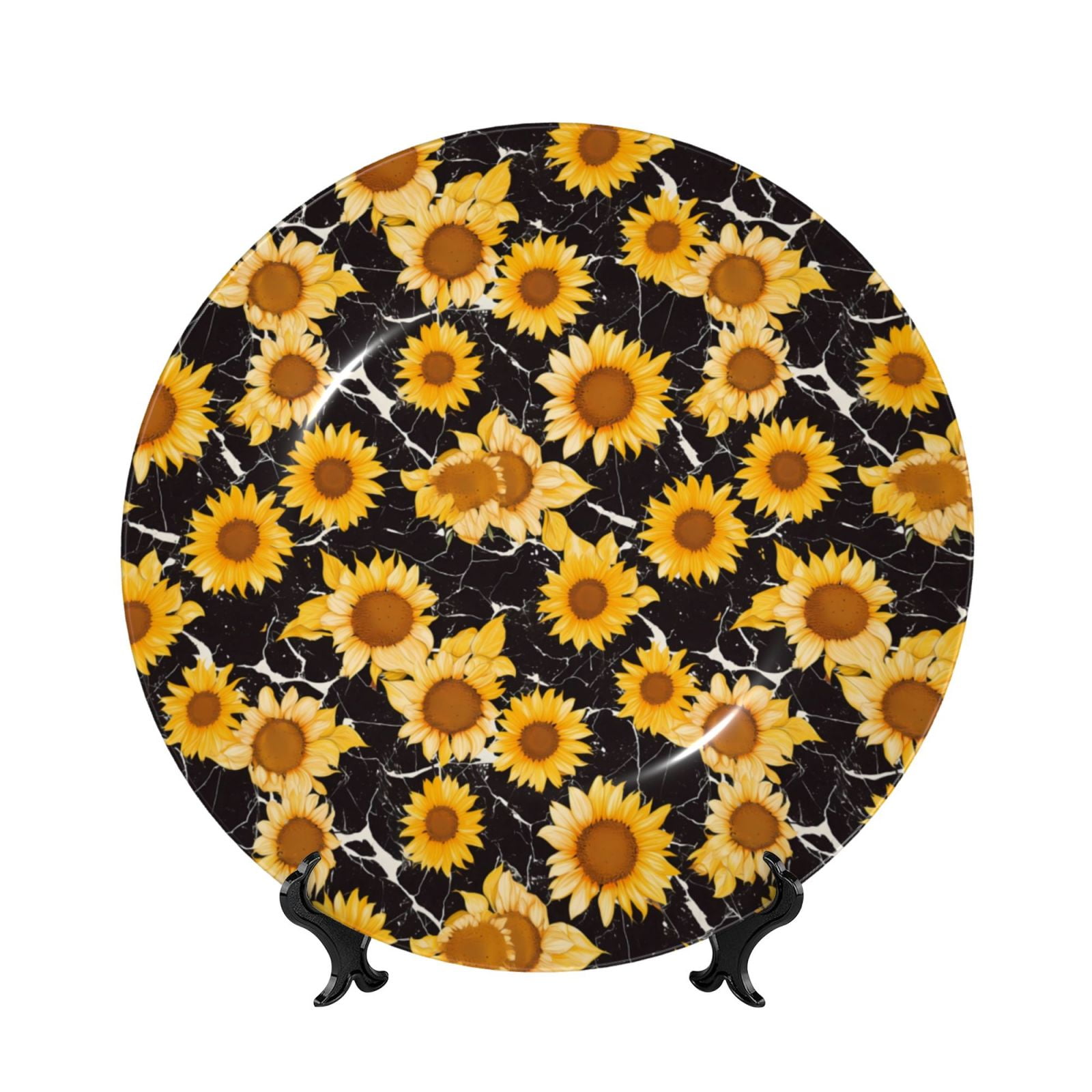 Zeuib Black Marble Pattern Sunflower Print Decorative Plate for Display ...