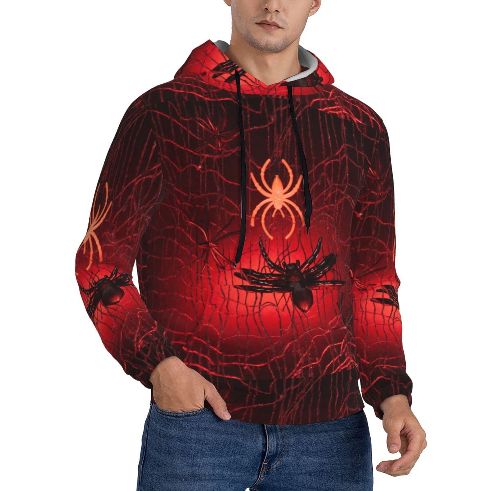 Zufioo Black Spider Web With Spiders Design Fleece Comfortable Hoodie for Mens,Sweatshirt for ...