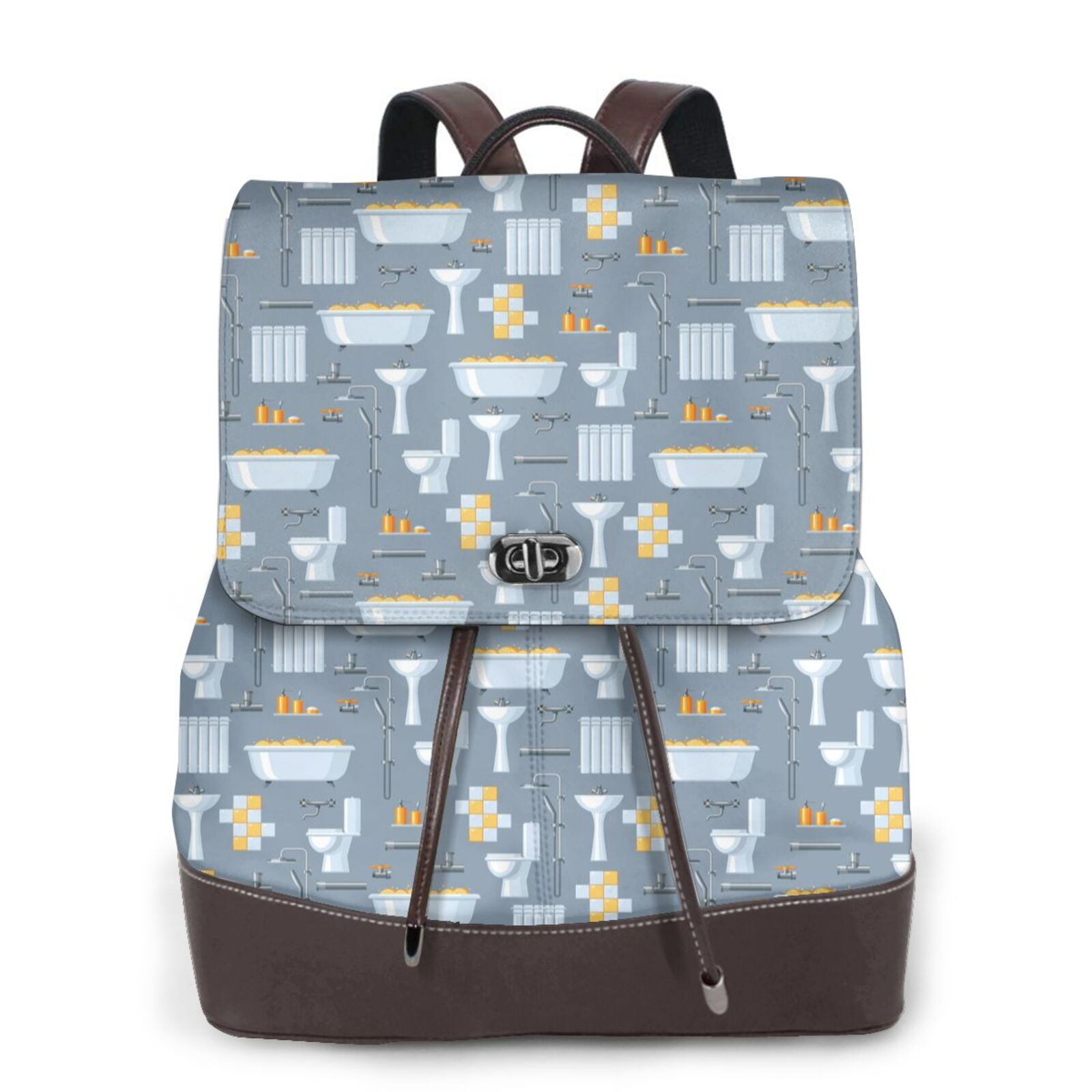 Zeuib Blue Bathroom Print Leather Backpack for Women,Leather Handbags ...