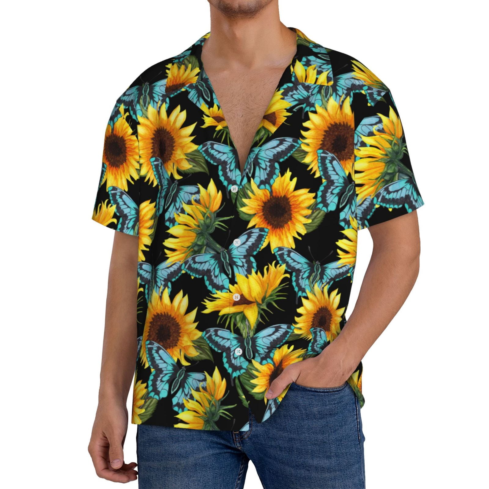 Zeuib Blue Batterflies Sunflower Men's Short Sleeve Button-Down Shirt ...