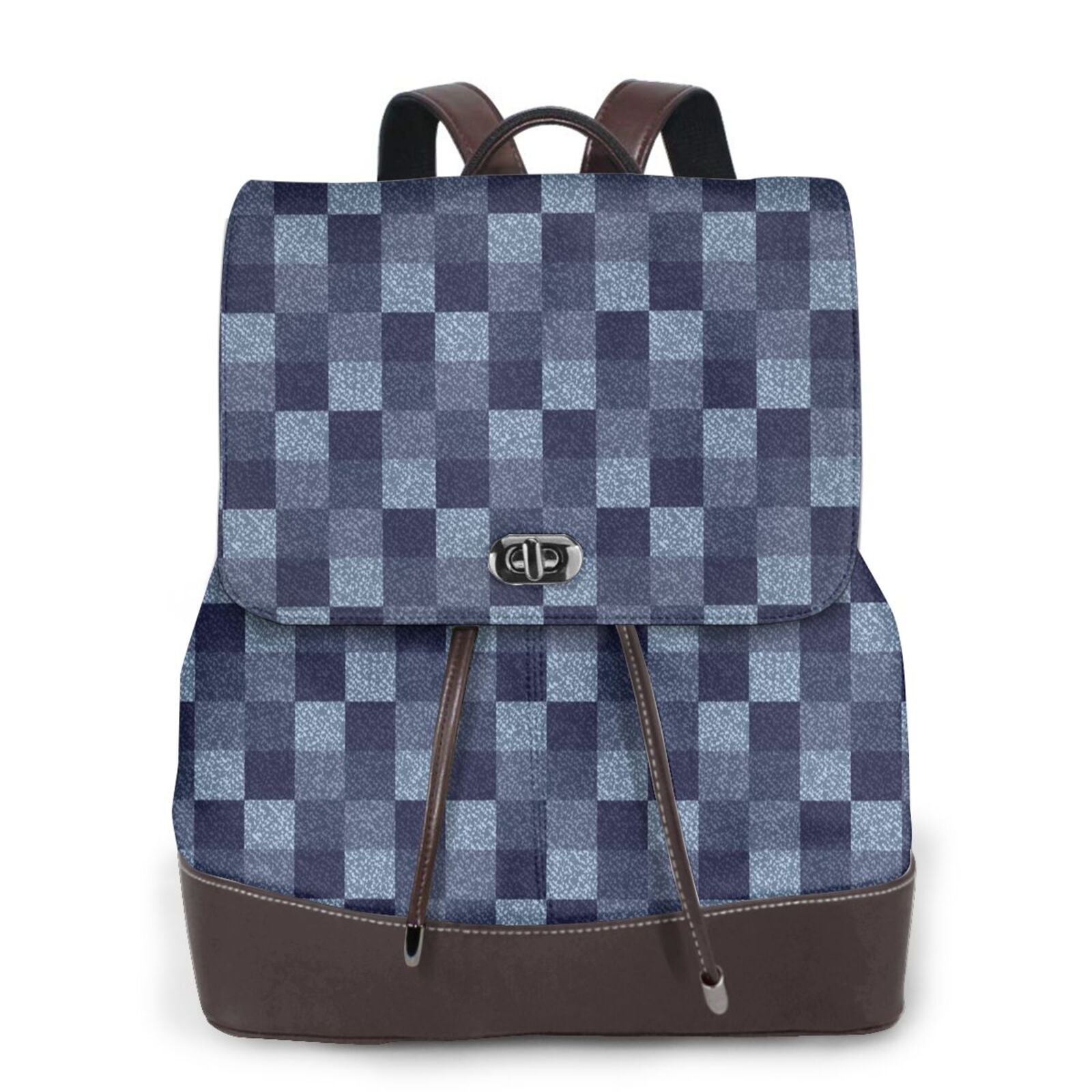 Zeuib Blue Gingham Buffalo Check Print Leather Backpack for Women ...