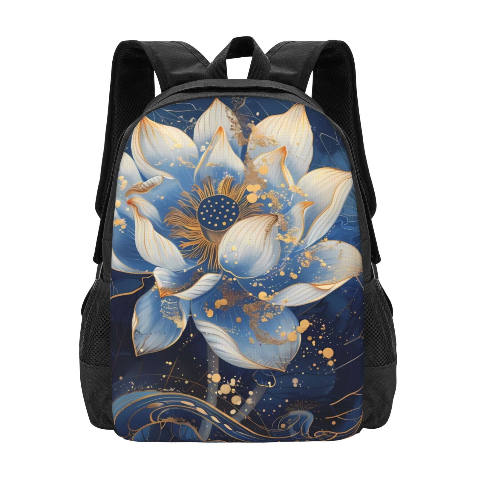 Zeuib Blue Golden Dream Lotus Stylish and Lightweight Backpack: Perfect ...