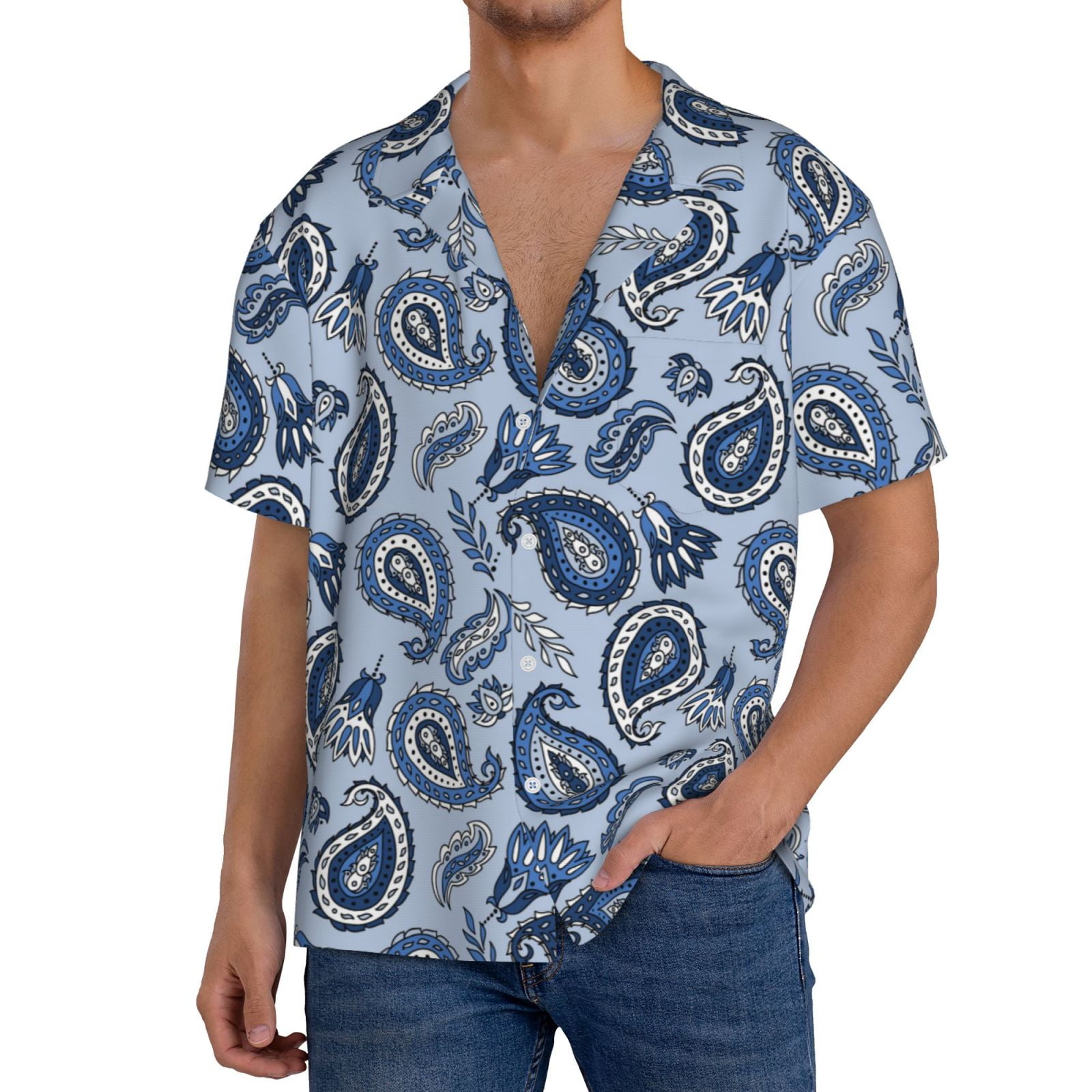 Zeuib Blue Paisley Pattern Vintage Men's Short Sleeve Button-Down Shirt ...