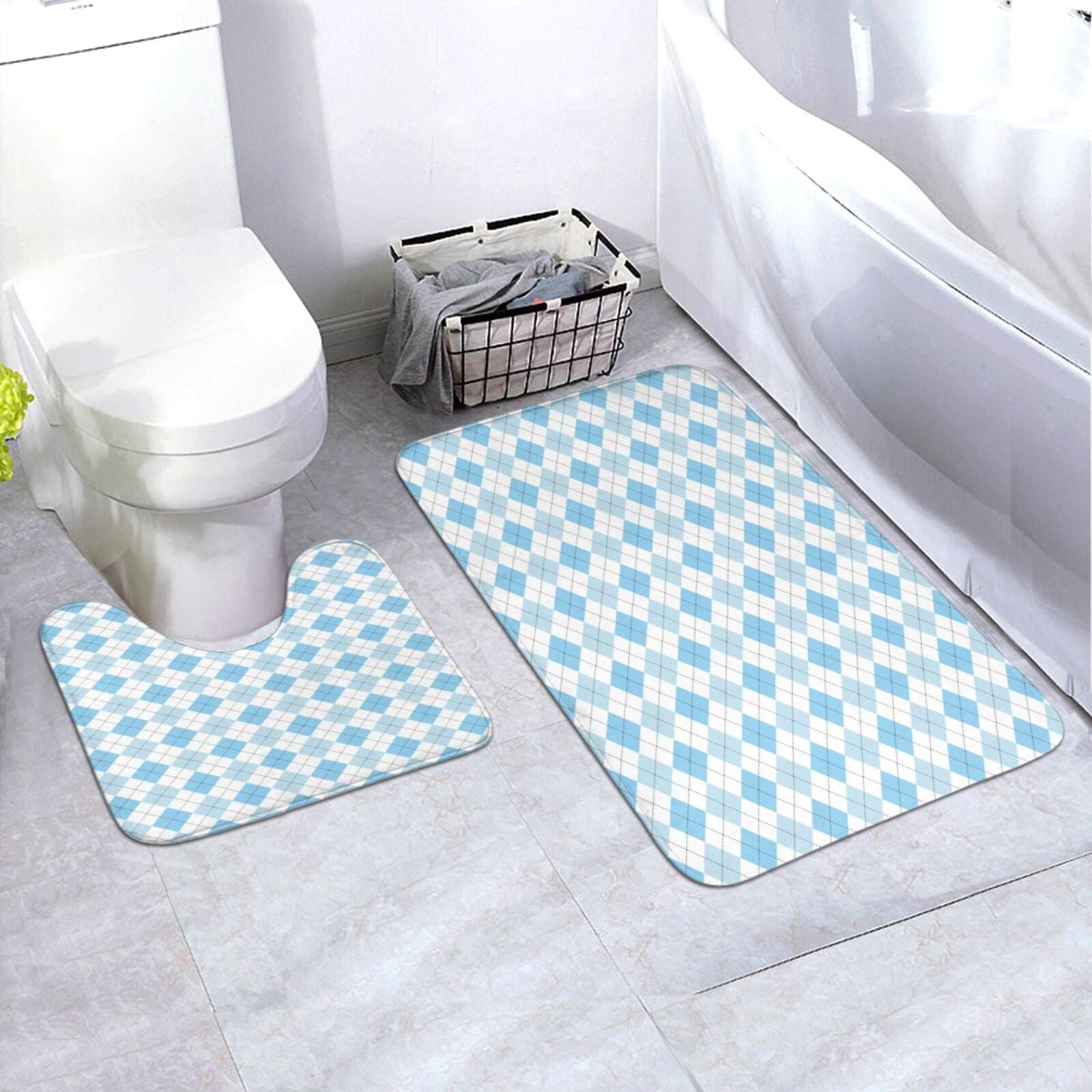 Zeuib Blue and White Squares Water/Dust Absorbent bath rug set,Toilet ...