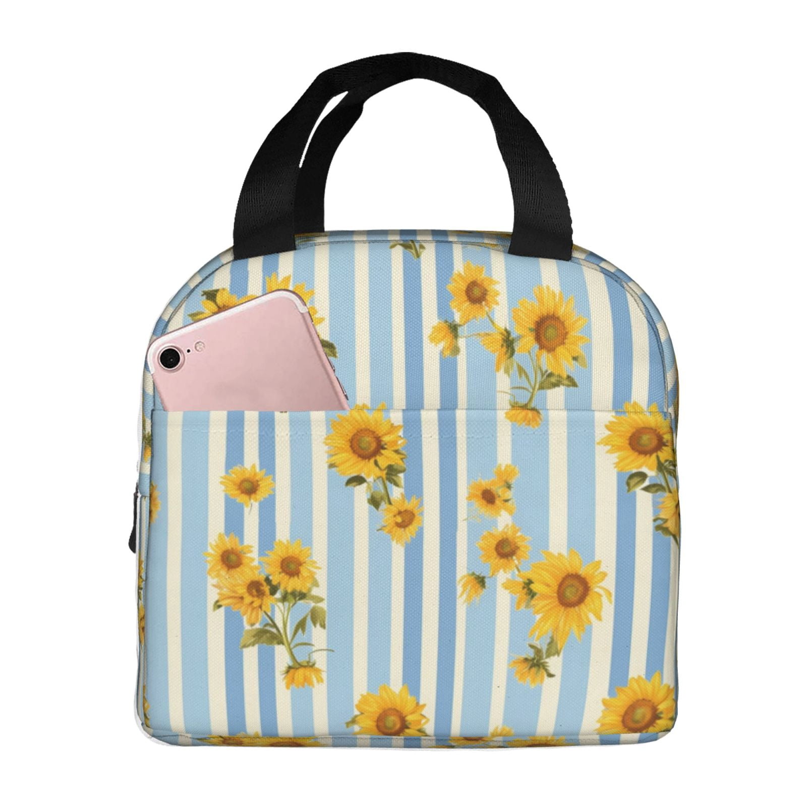 Zeuib Blue White Striped Sunflower Insulated Lunch Bag for Men & Women ...