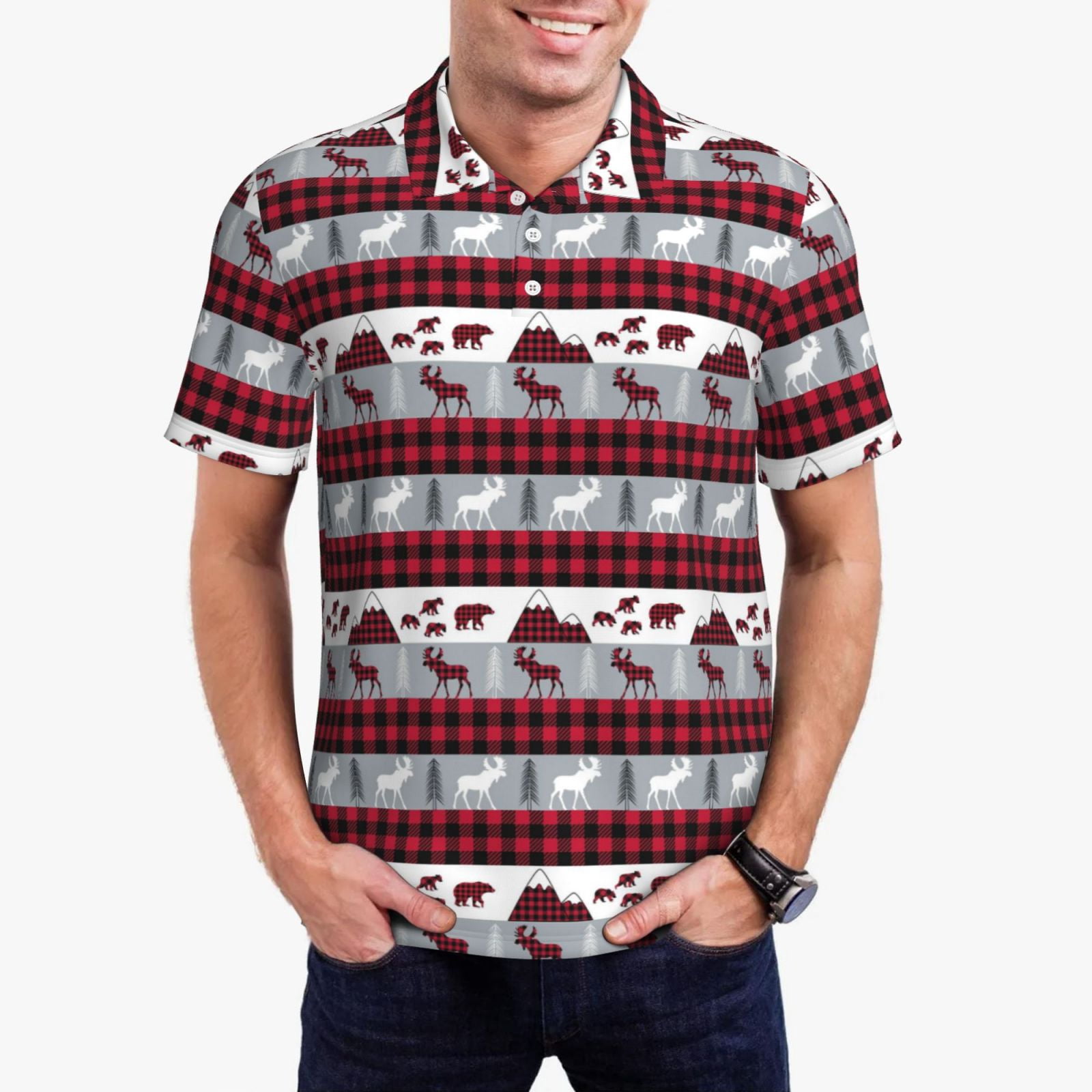 Zeuib Buffalo Plaid Forest Print Men's Athletic Fit Golf Polo Shirt ...